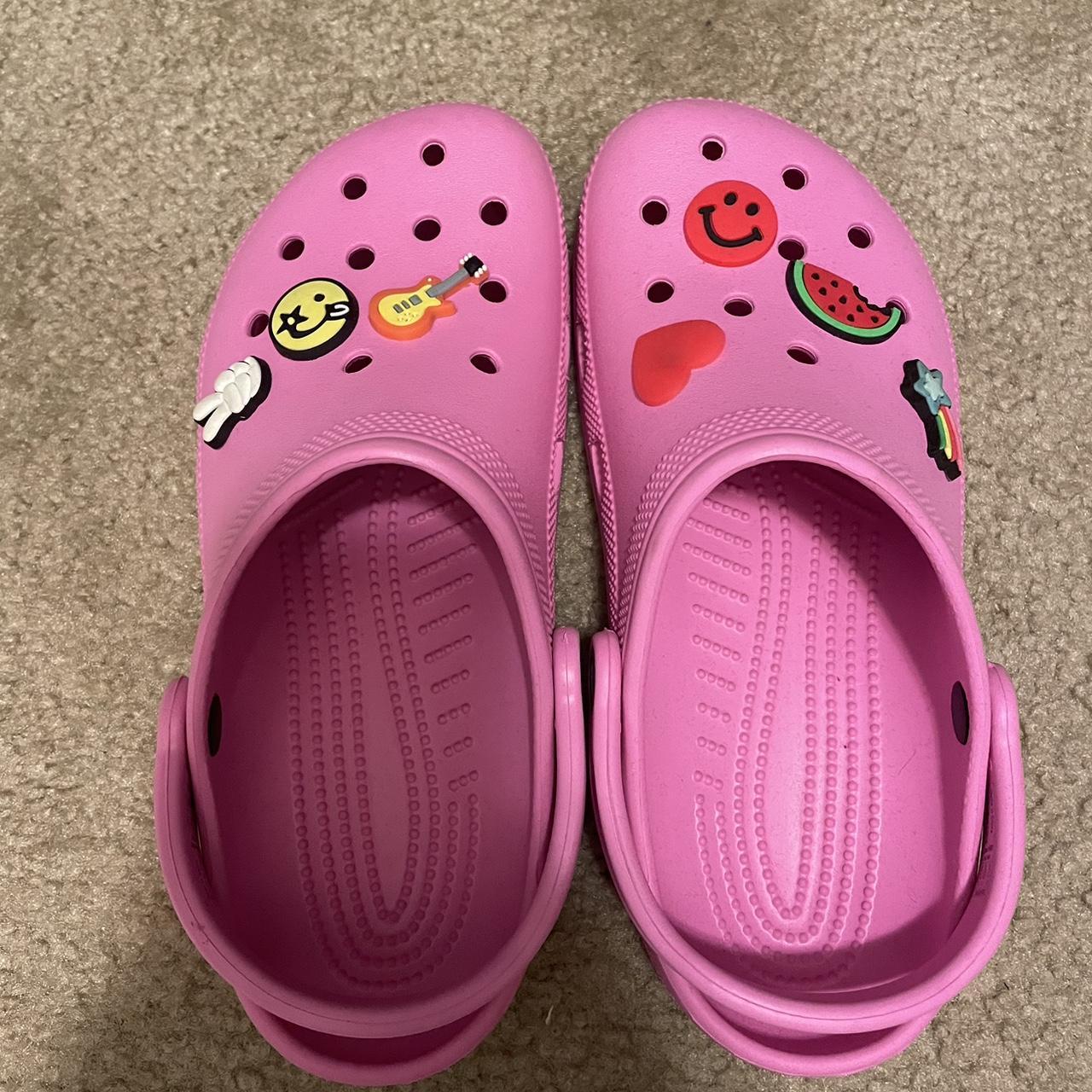 Pink crocs with rainbow smiley face and watermelon... - Depop