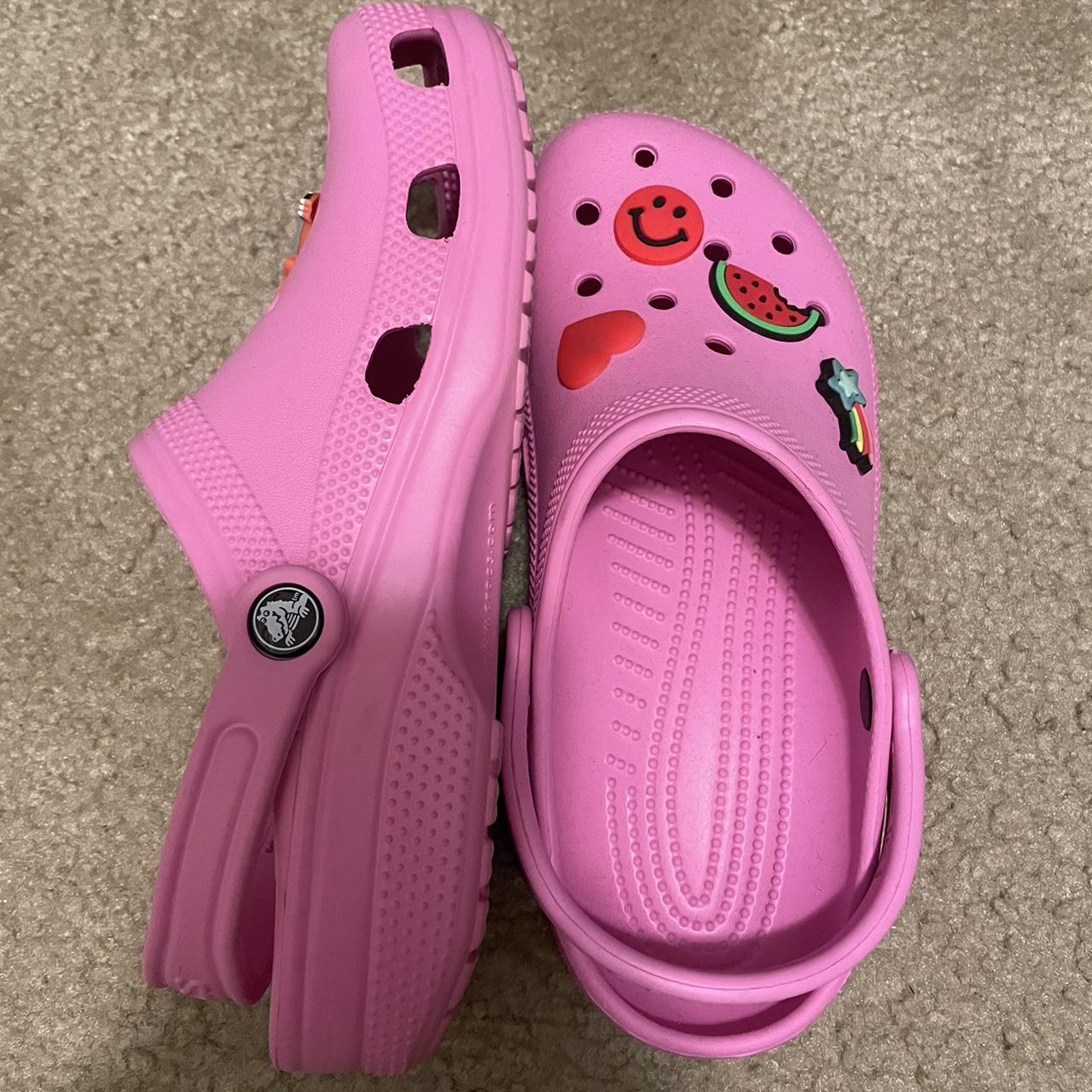 Pink crocs with rainbow smiley face and watermelon... - Depop