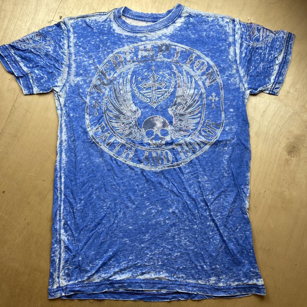 Affliction Blue Skull and Wings Tshirt Measurments... - Depop