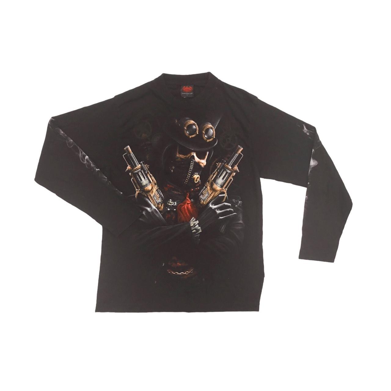 Vintage 00s Y2K Spiral wavy Skull and guns rock... - Depop