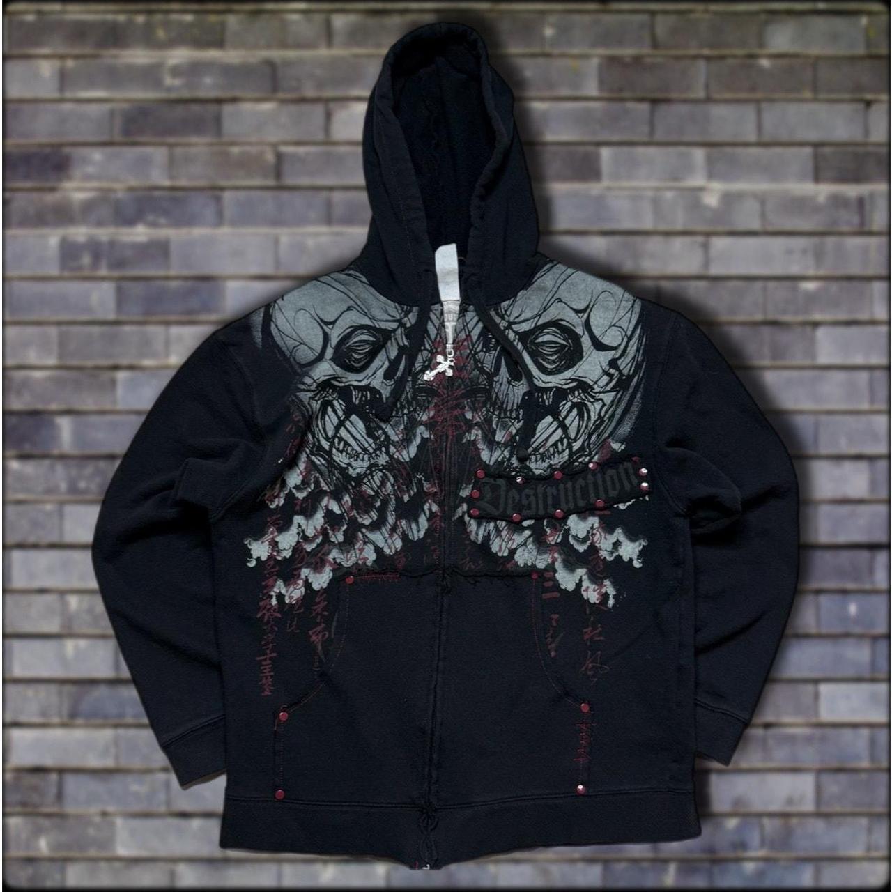 Vintage Y2K Cyber Grunge Goth AOP Skulls Cross... - Depop