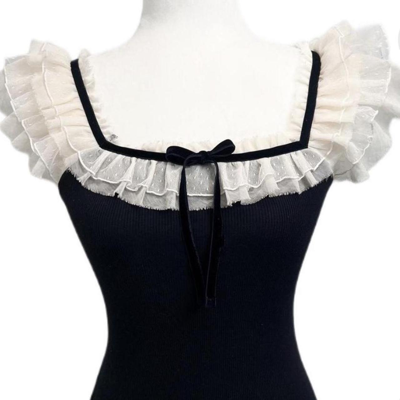 Dark Navy Tulle #Lace Blouse with Velour Ribbon... - Depop