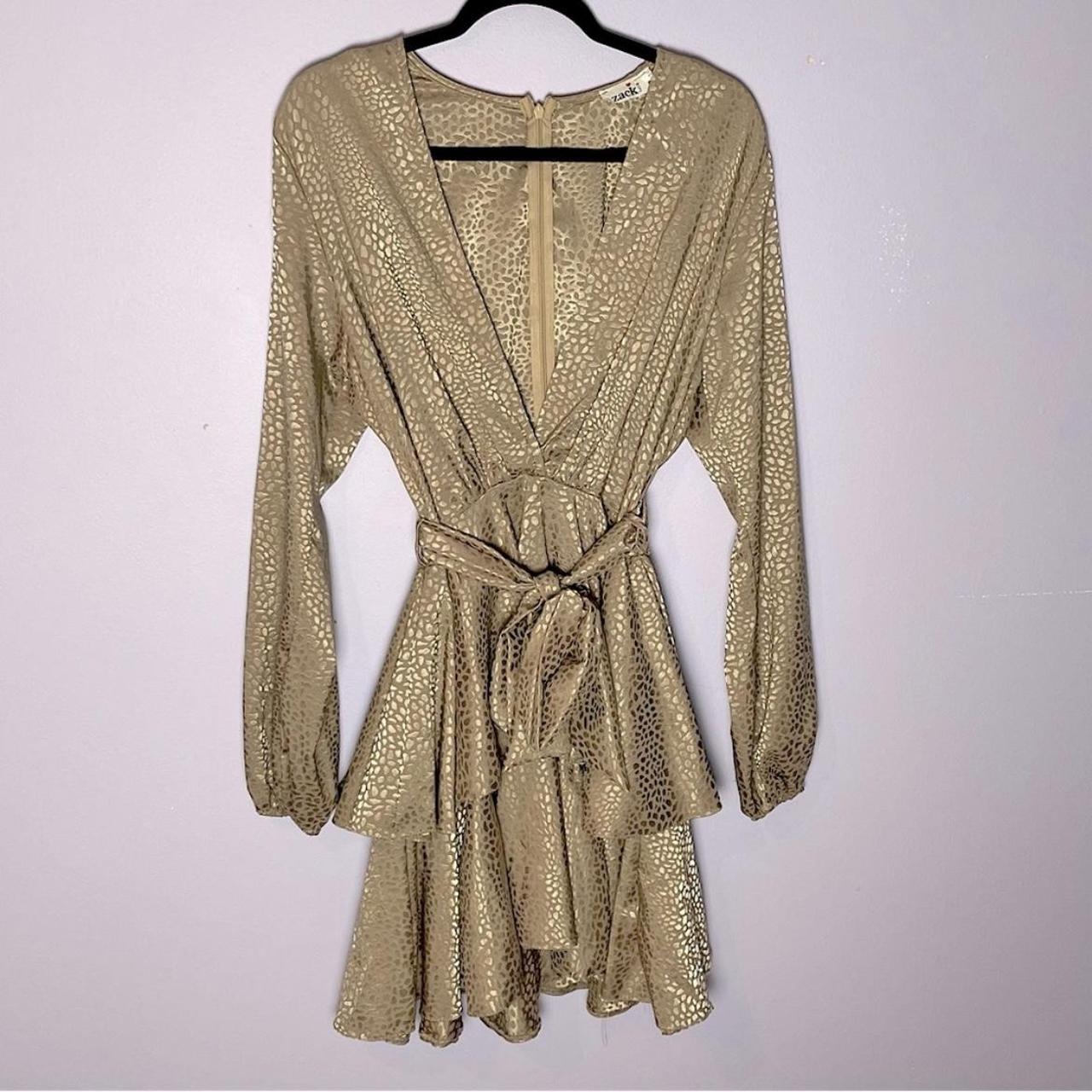 Champagne shimmery leopard print long sleeve ruffle... - Depop