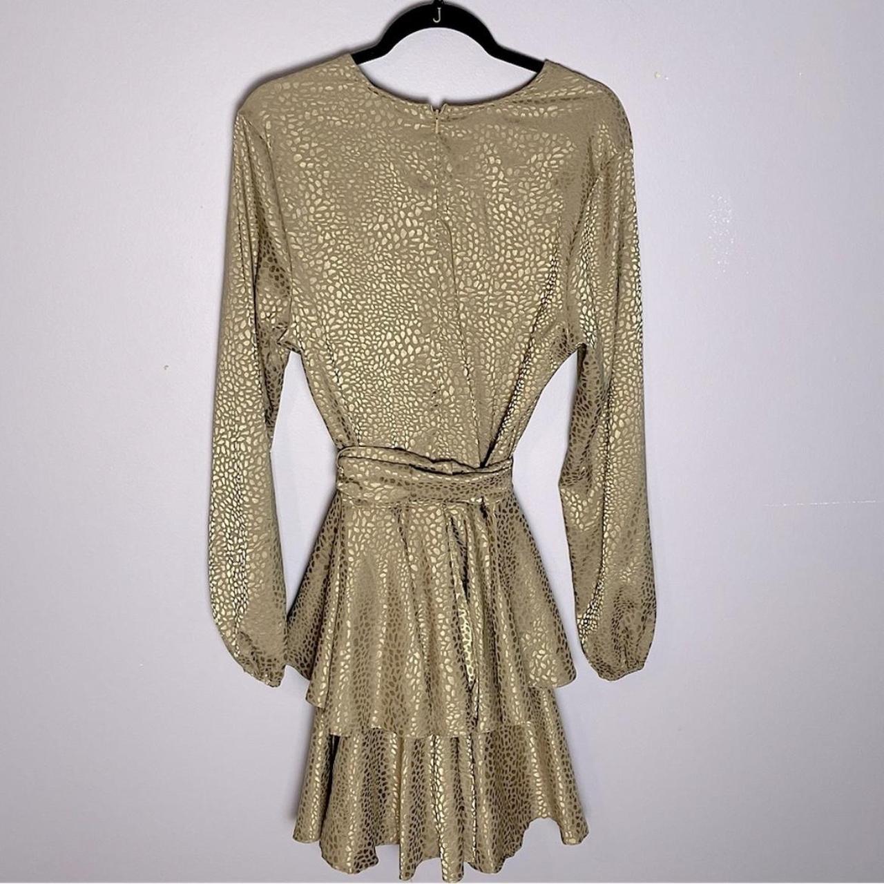 Champagne shimmery leopard print long sleeve ruffle... - Depop
