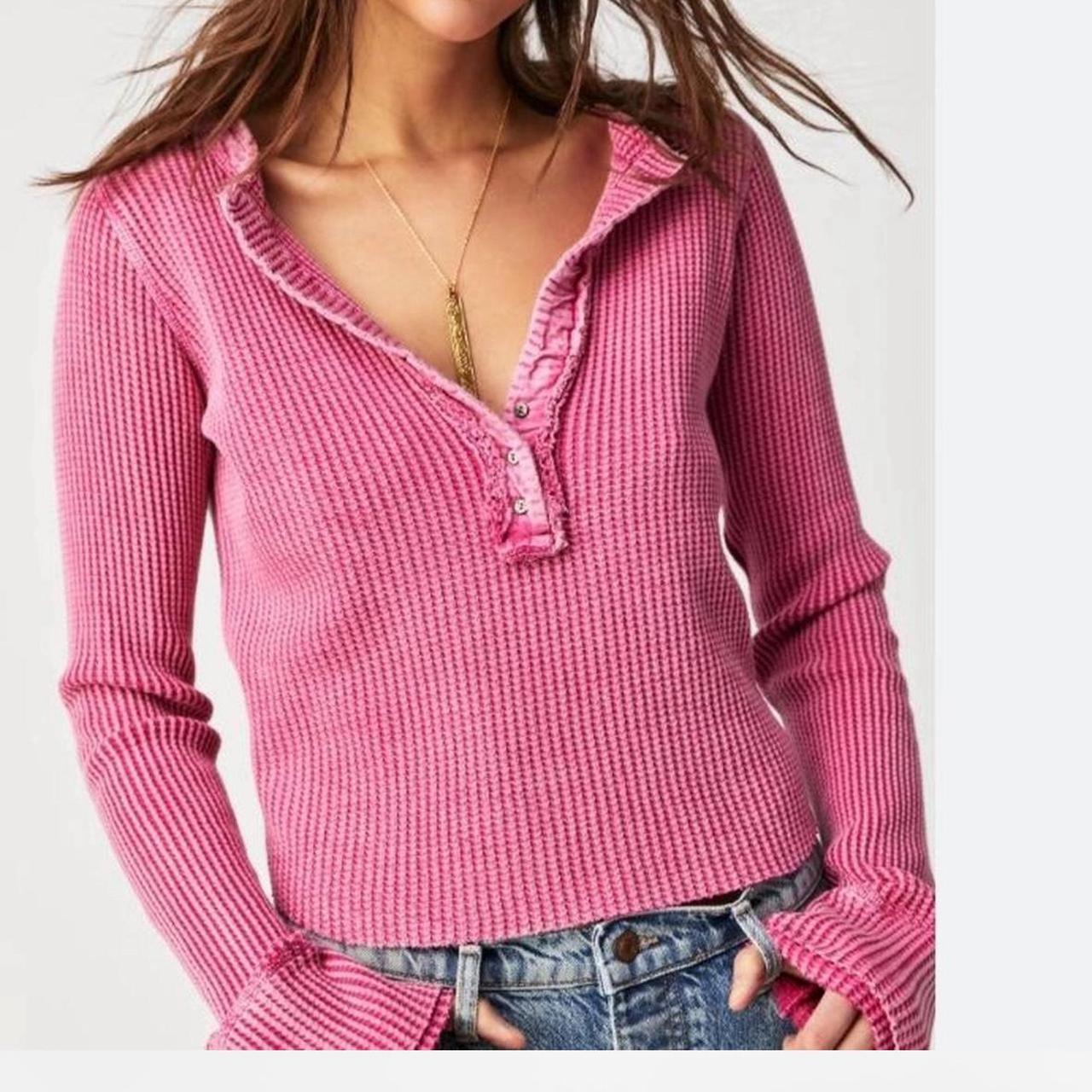 Pink Free People quarter button sweater #FreePeople... | Depop