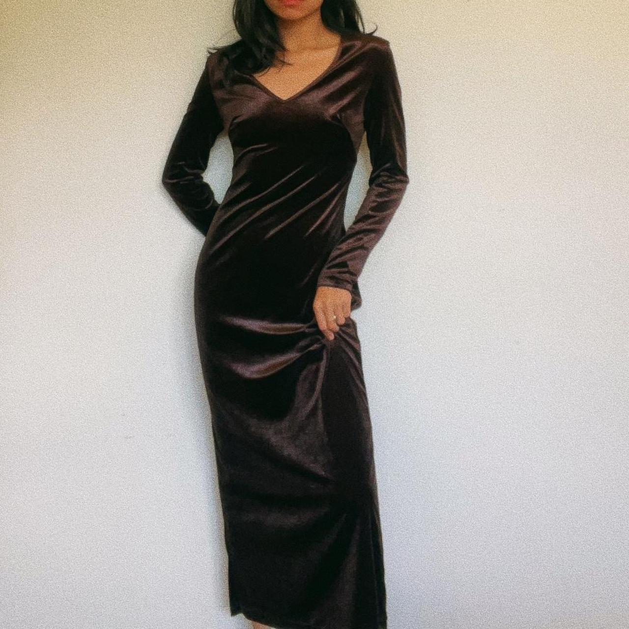 Chocolate brown velvet Review long dress V neck with... - Depop
