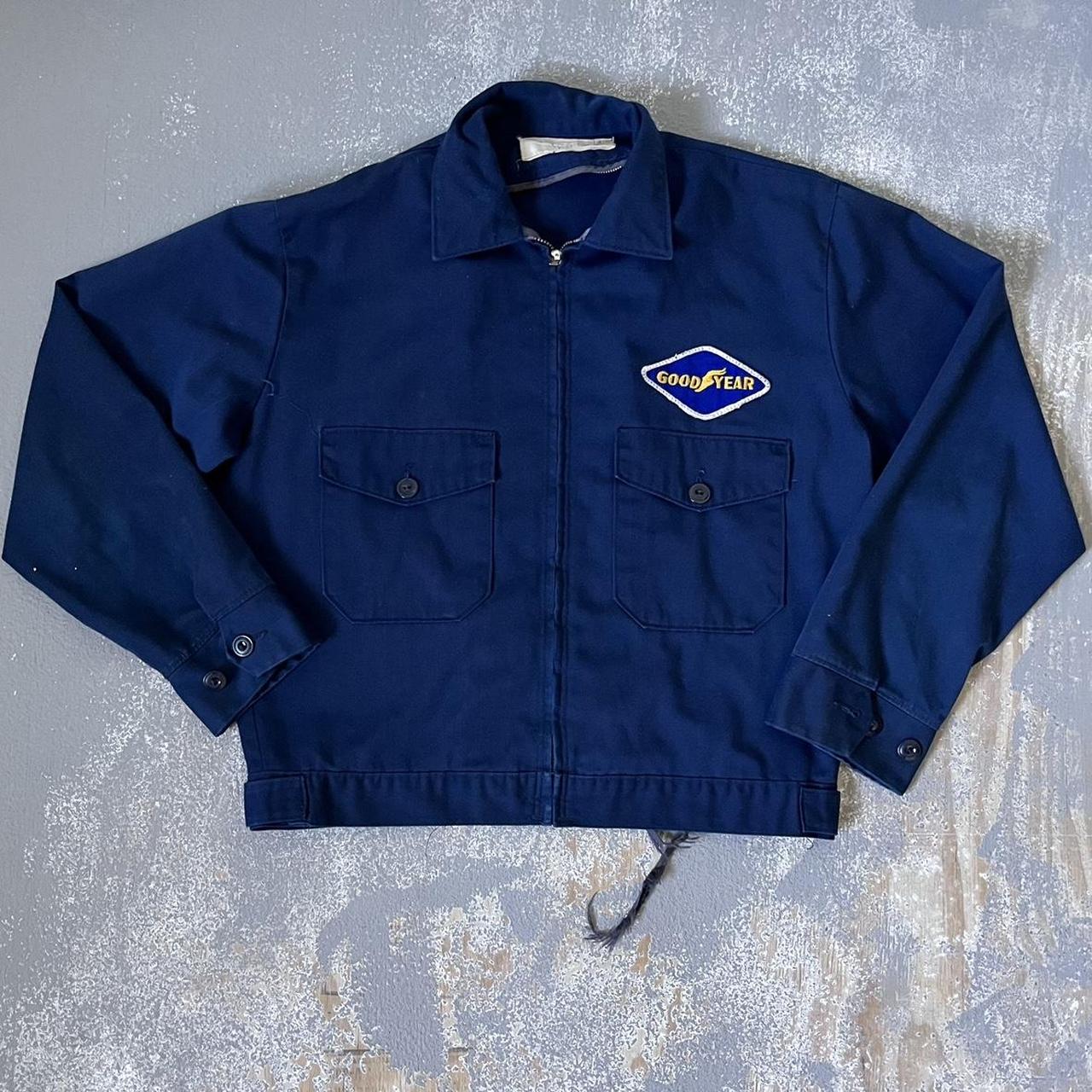 vintage goodyear navy blue work jacket - adult size... - Depop