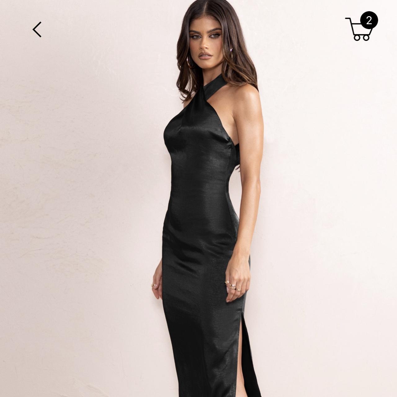 Club L - Black satin cross over halter neck midi... - Depop