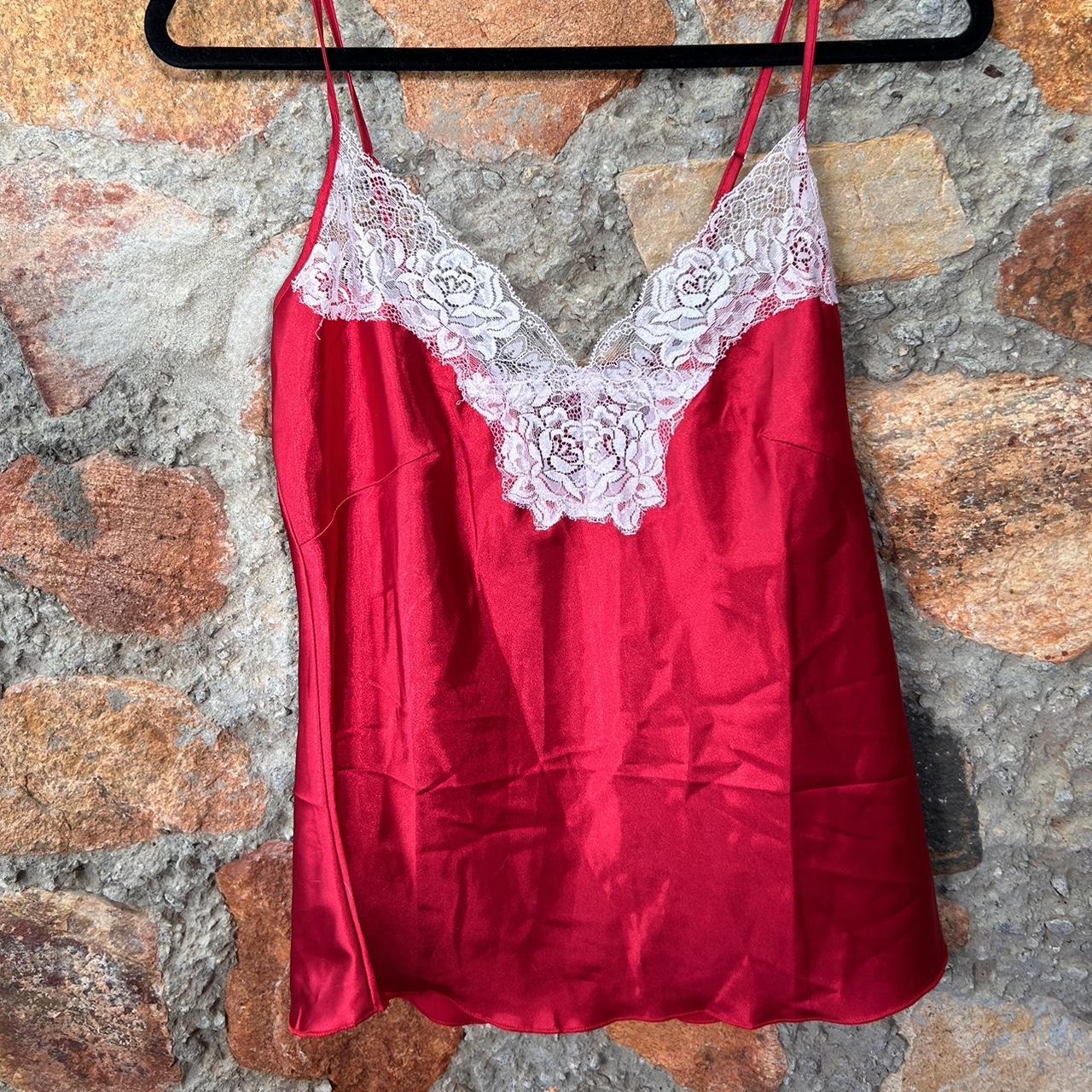 Red satin and white lace sleep set, unsure of brand... - Depop