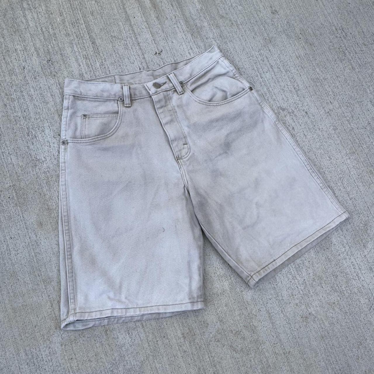 Wrangler creamy distressed denim jorts Waist 30” 11”... | Depop