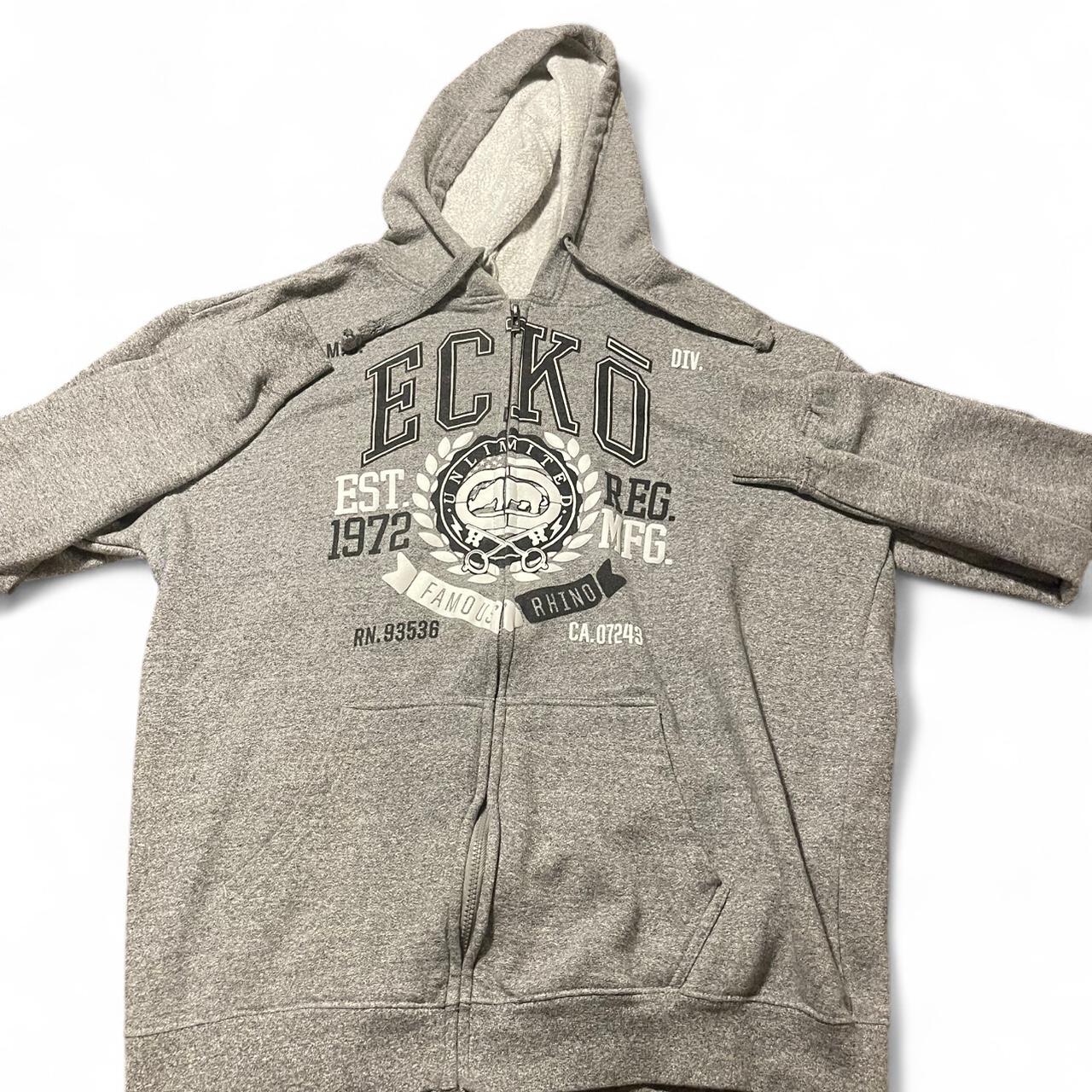 Grey Ecko Unltd. zip-up hoodie with fleece lining... | Depop