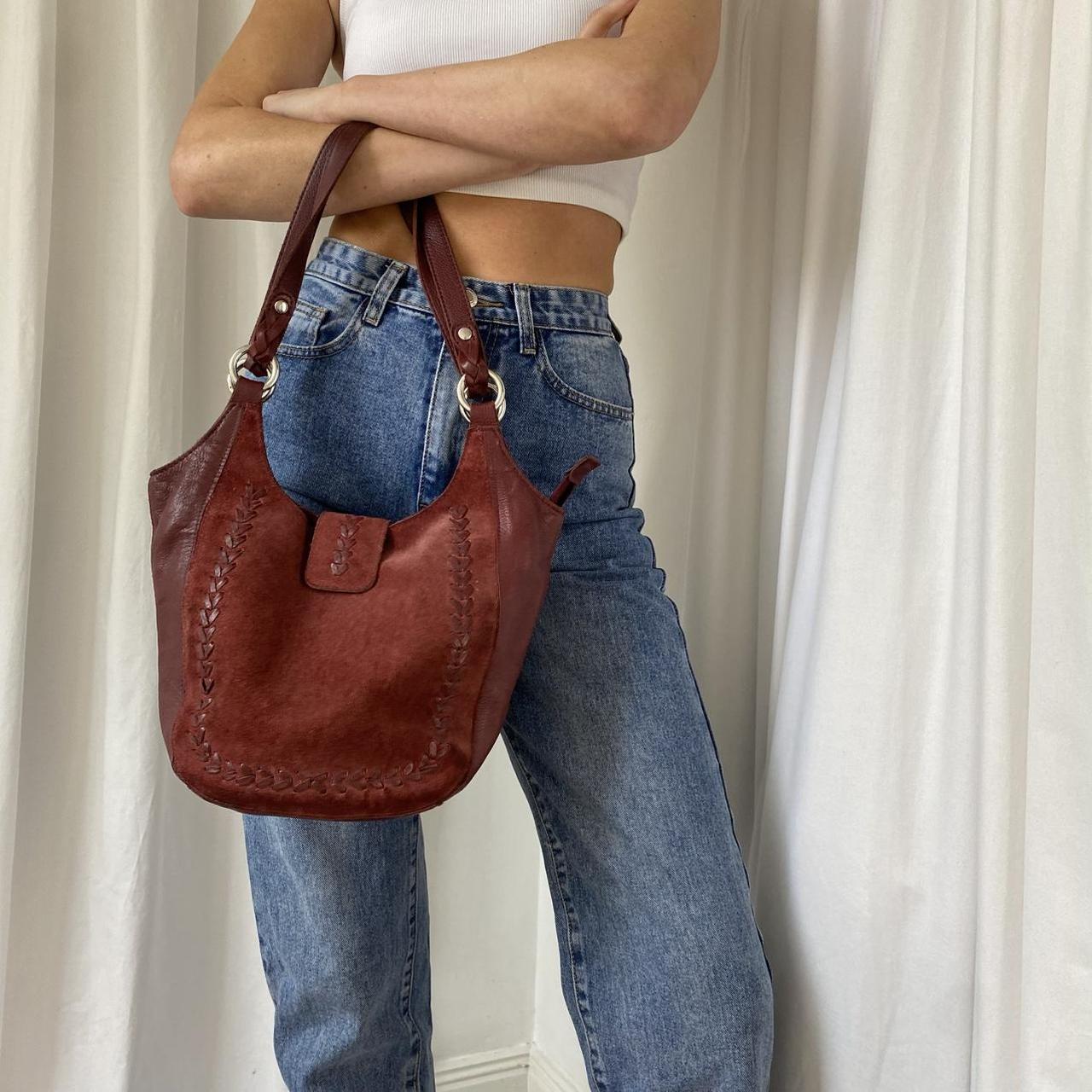 Lovely 90s y2k burgundy red leather and suede hobo... | Depop