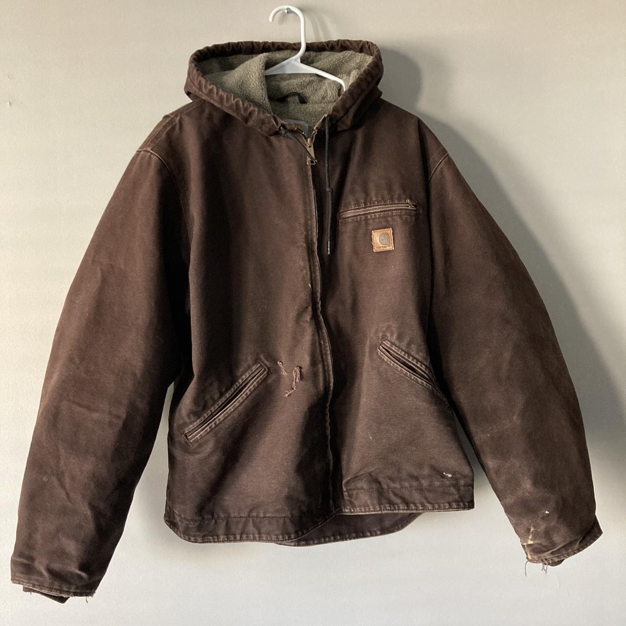 Vintage Distressed Dark Brown Carhartt Jacket Fur... - Depop
