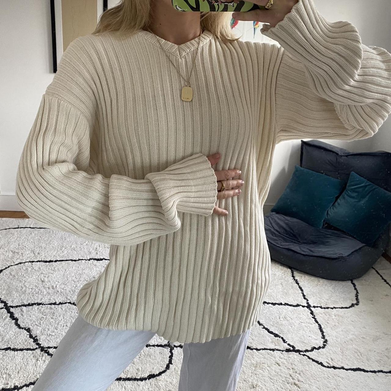 Cream ribbed chunky knit baggy v neck jumper size... - Depop
