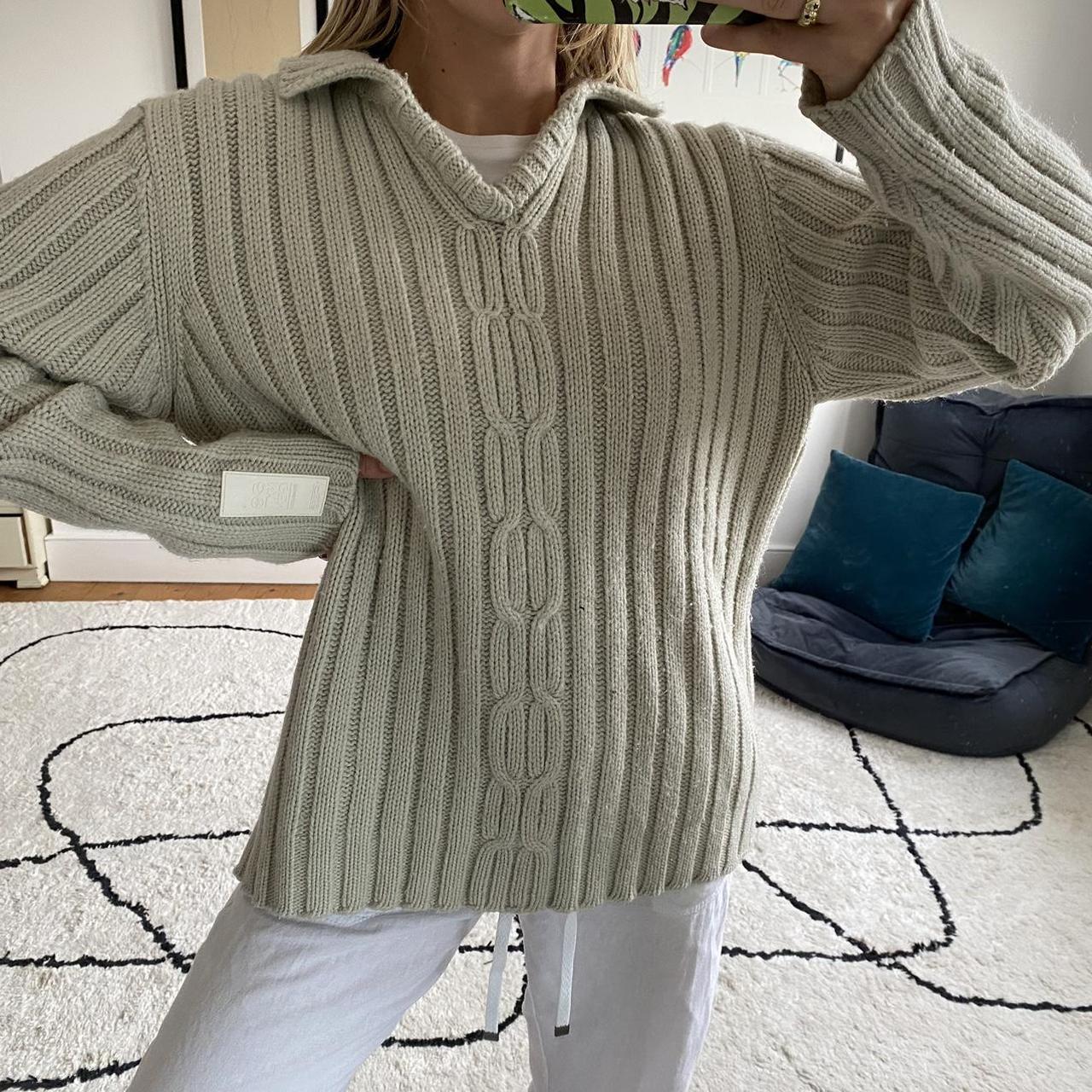 Beige chunky ribbed knit baggy jumper with collar... - Depop