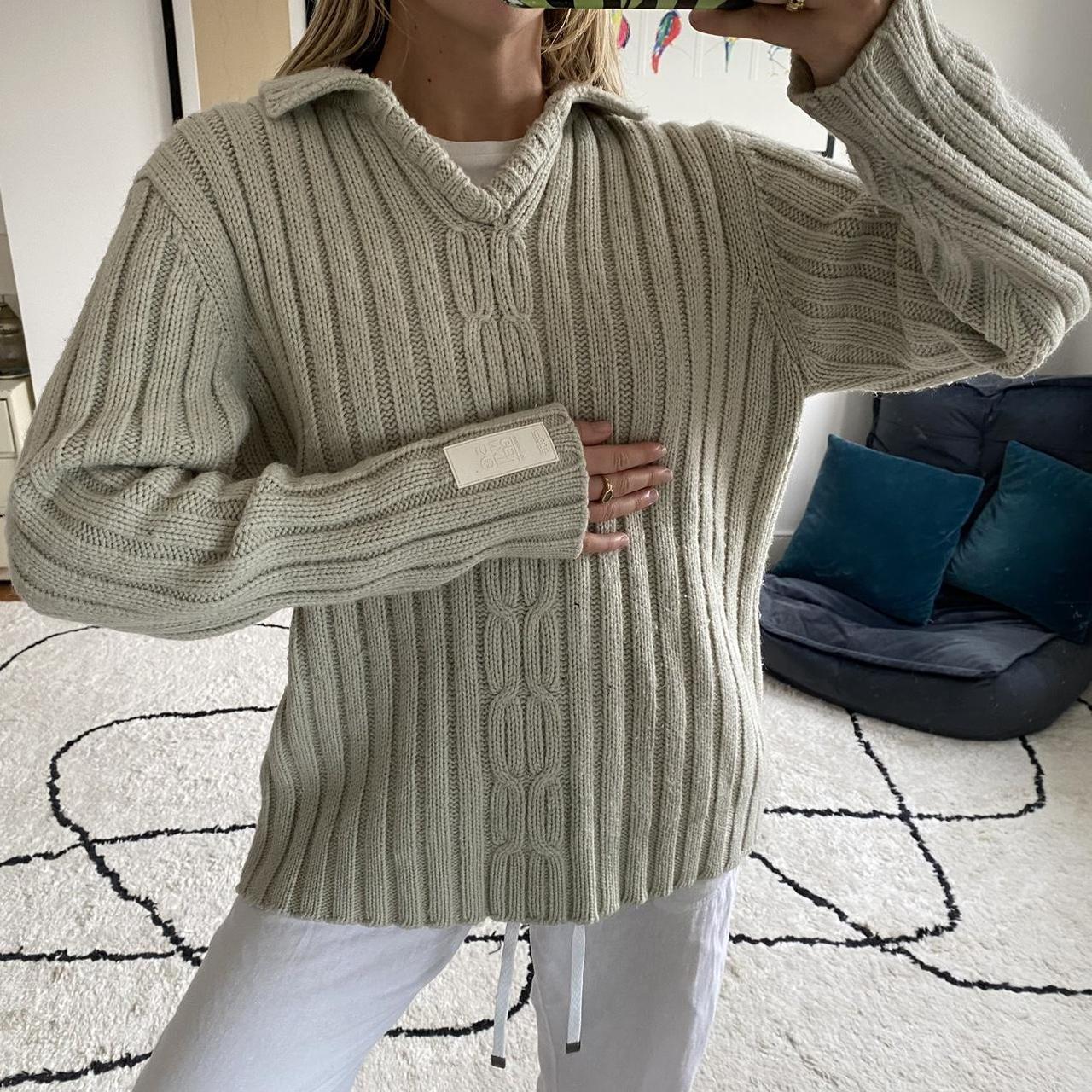 Beige chunky ribbed knit baggy jumper with collar... - Depop