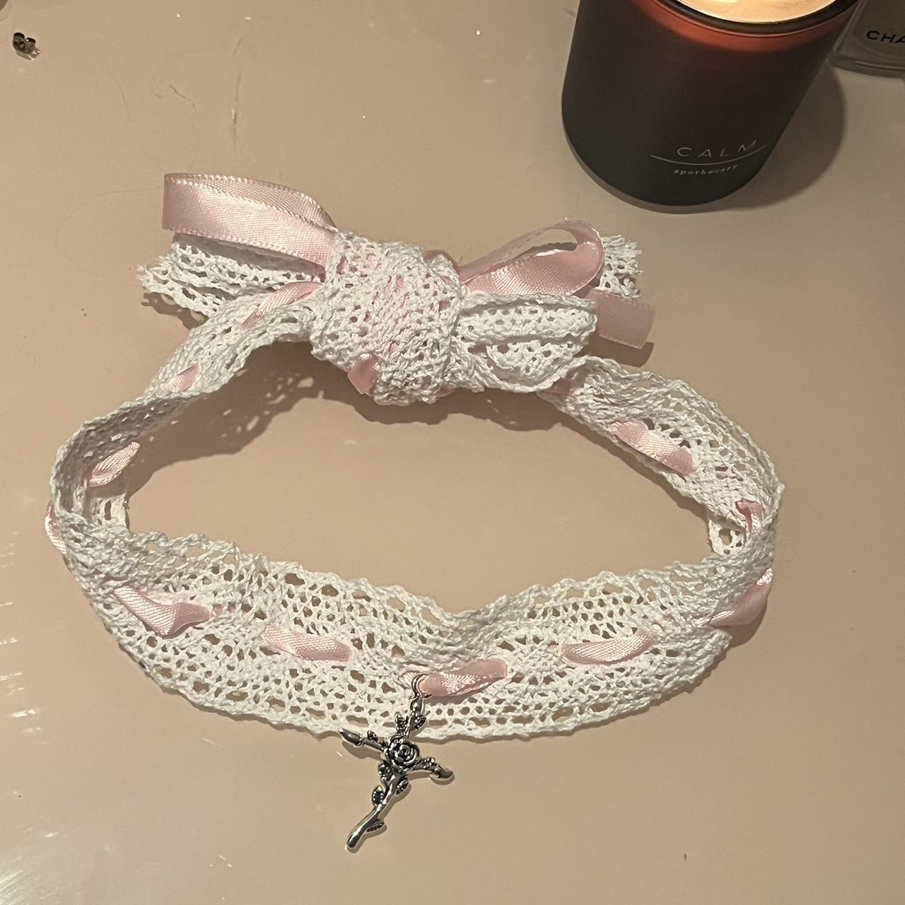 White Lace/Pink Ribbon With Antqiue Silver Cross... - Depop