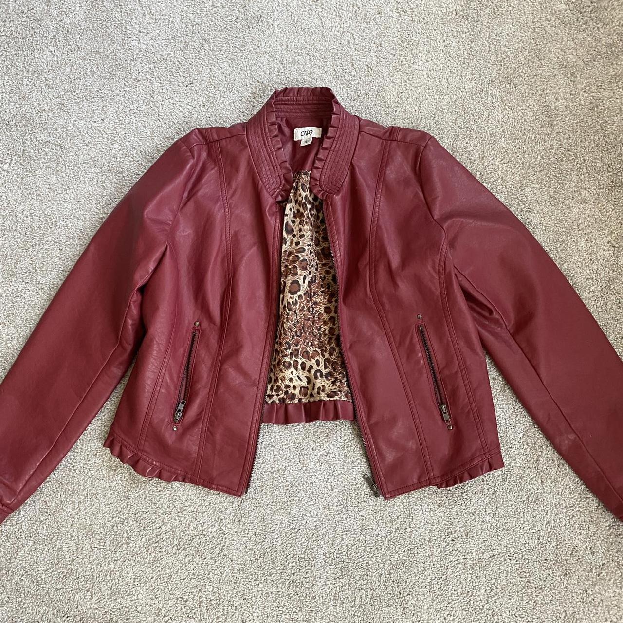 Cato vintage red leather jacket with leopard print... - Depop