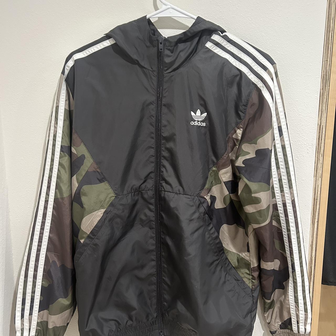 Small Camo/Grey Adidas Rain Jacket - Depop