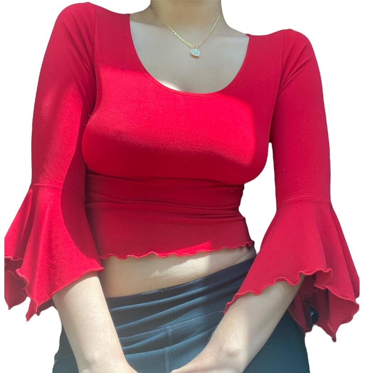 Vintage red ruffle flare sleeve crop top #90s #y2k... - Depop