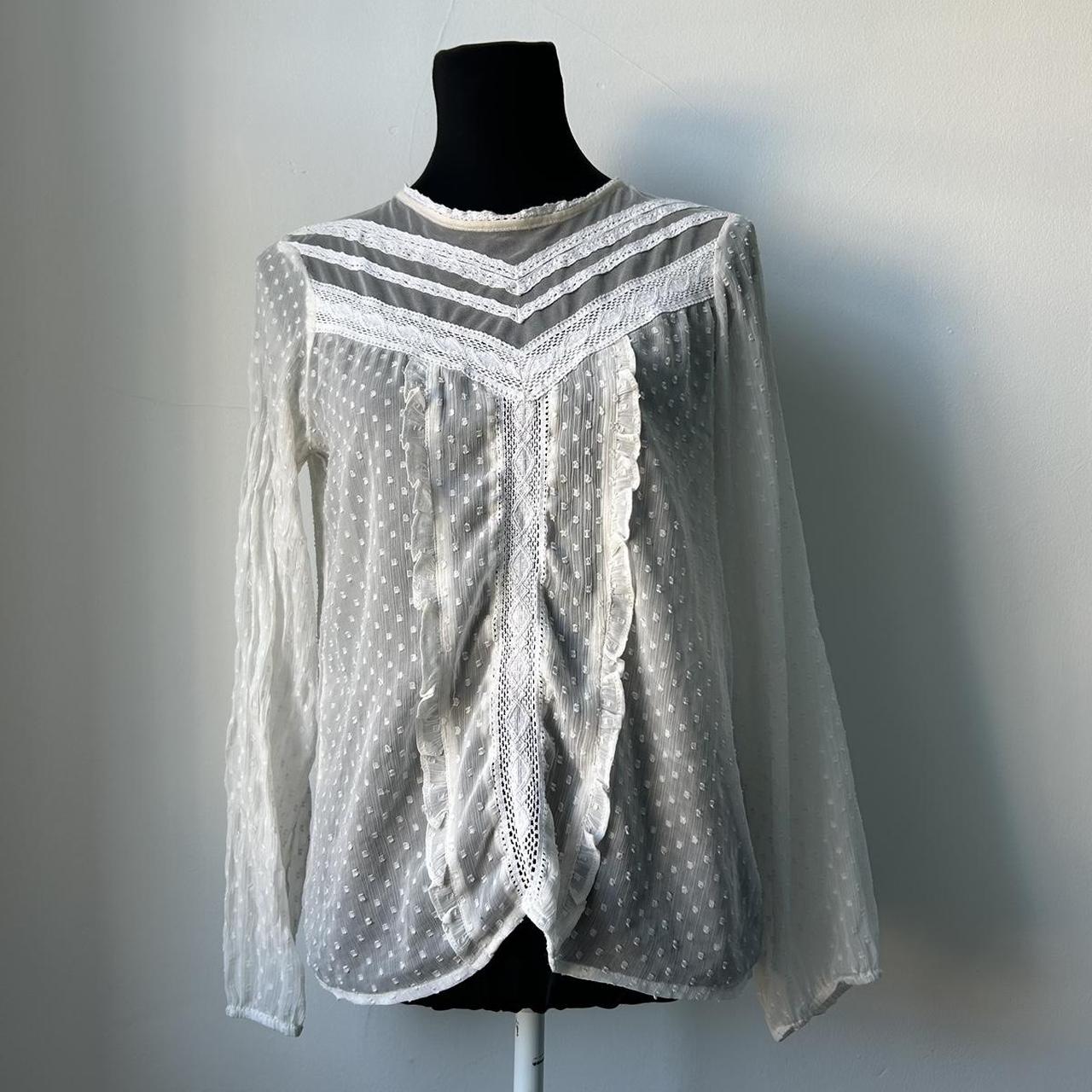 White sheer micro mesh long sleeve blouse with lace... | Depop