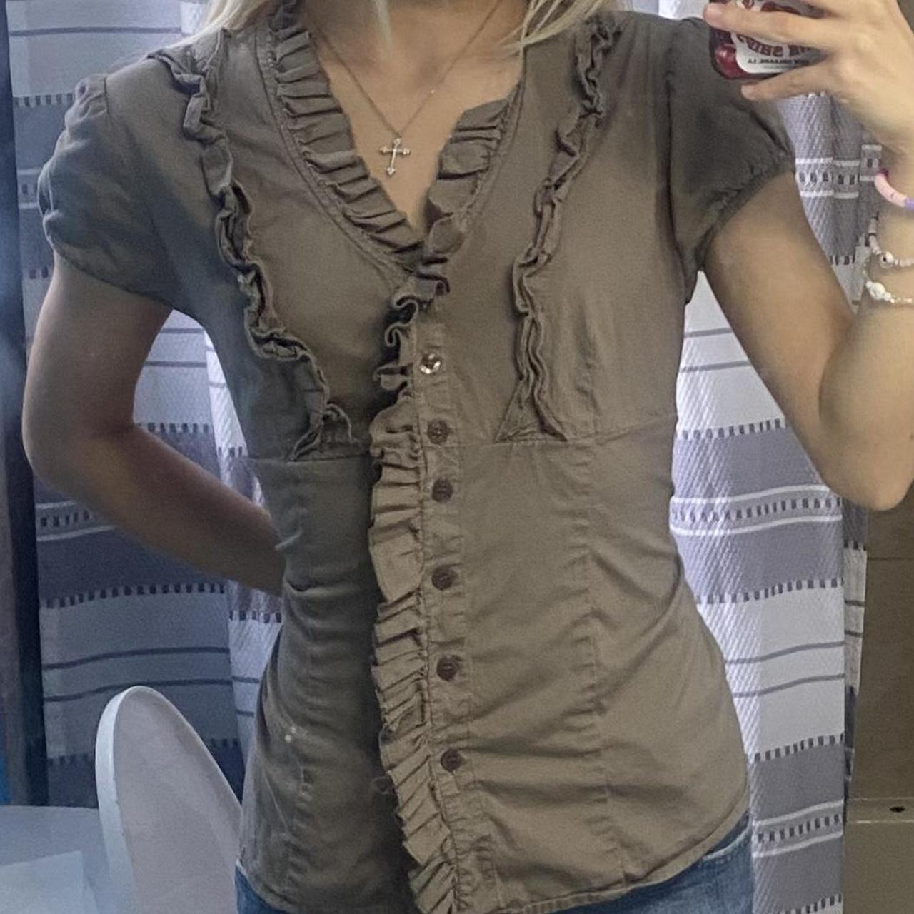 Antilia Femme brown frilly button up blouse (Shirt... - Depop