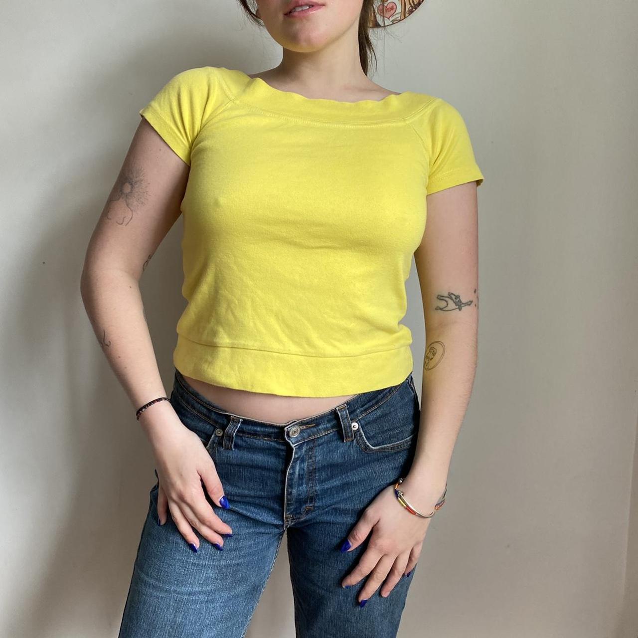 Y2K bright yellow funky off the shoulder short... - Depop