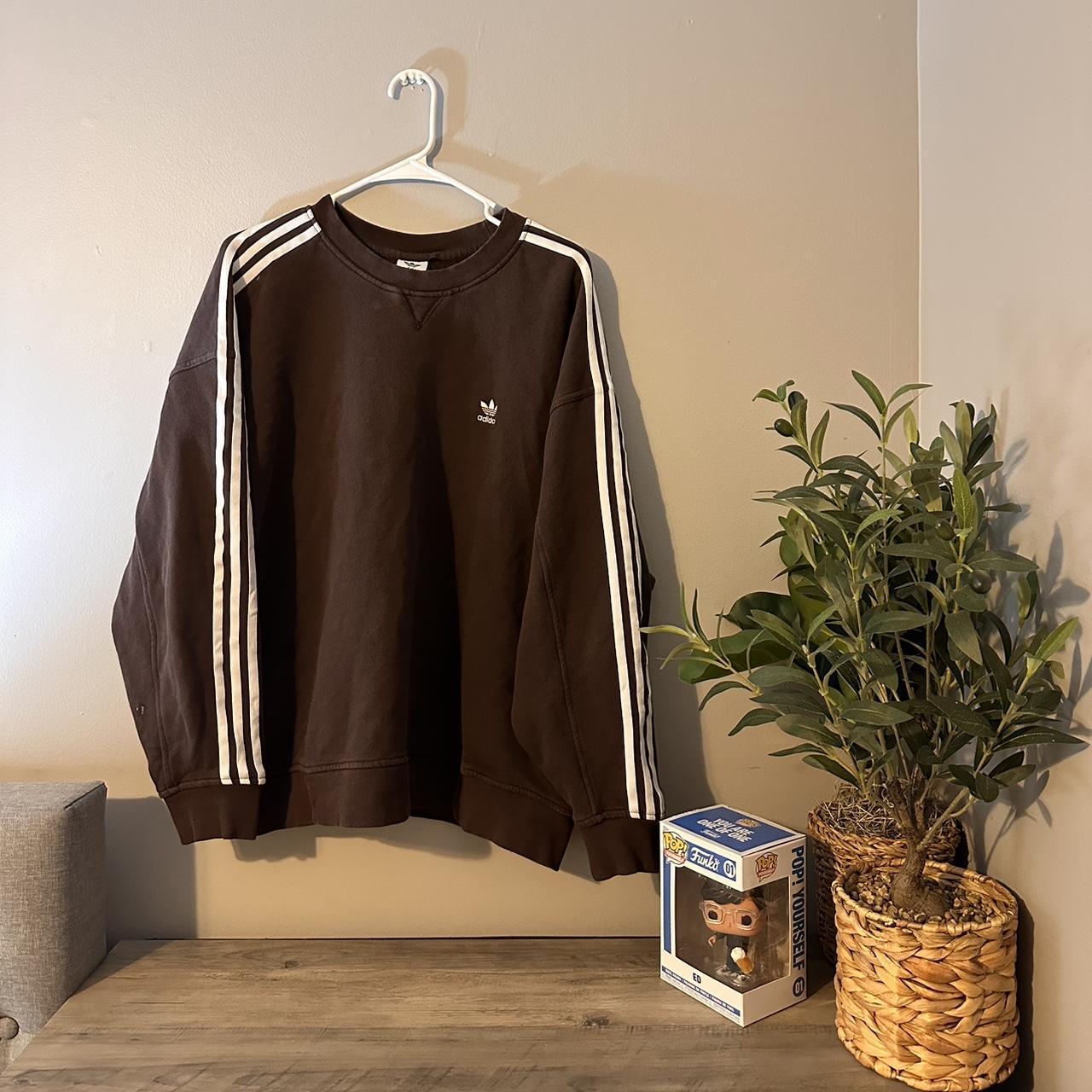 💬 ADIDAS brown crewneck with white stripes. 📏 size... - Depop