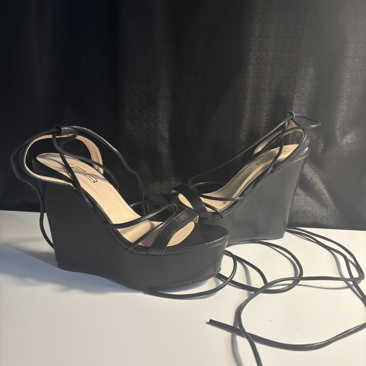 Y2K Black Strappy Platform Wedges with lace-up... | Depop