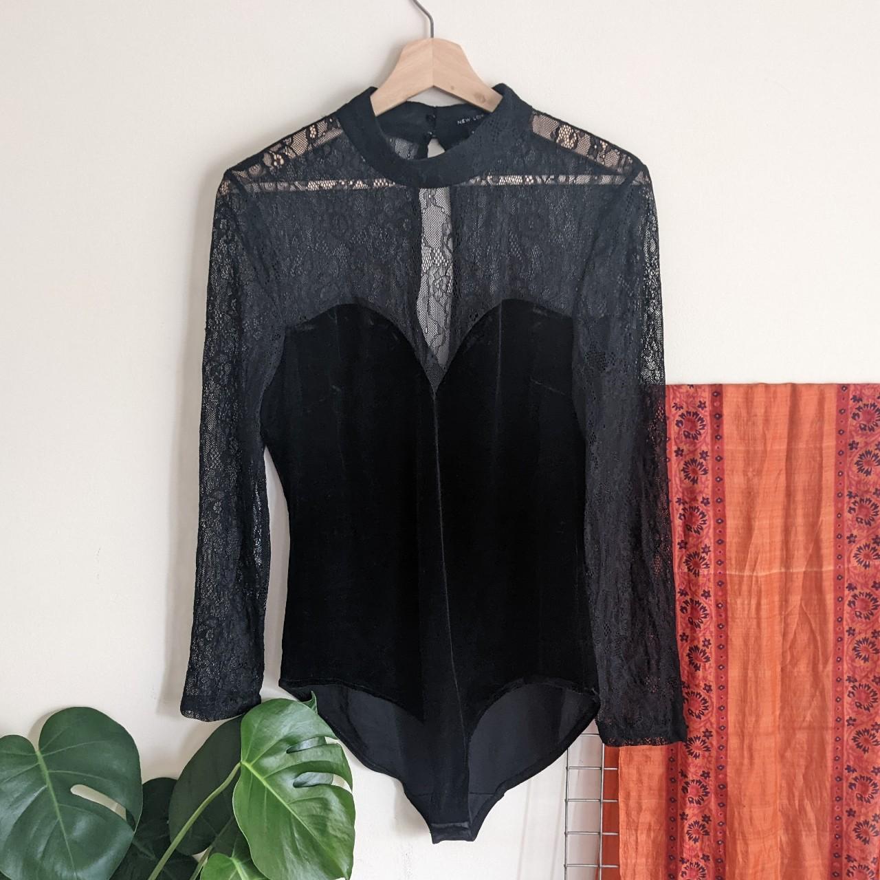 Black lace and velvet body suit Corset / bustier... - Depop