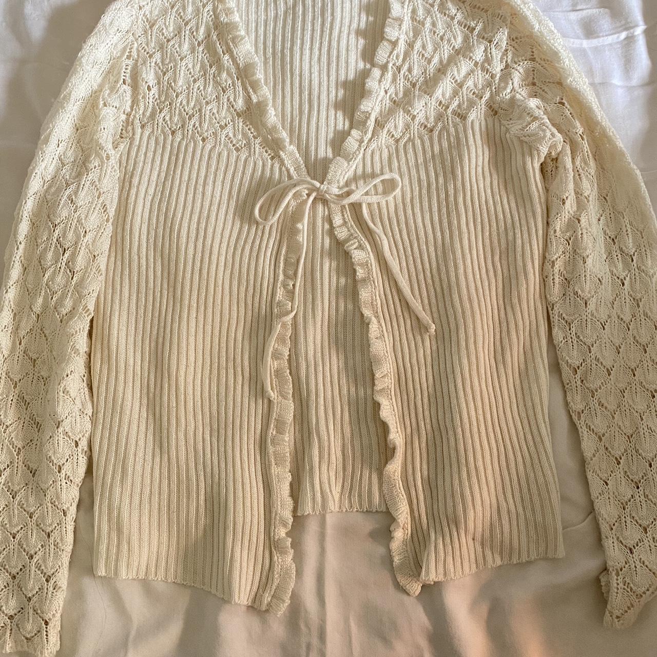 Cream knitted tie-front cardigan sweater fits medium... - Depop