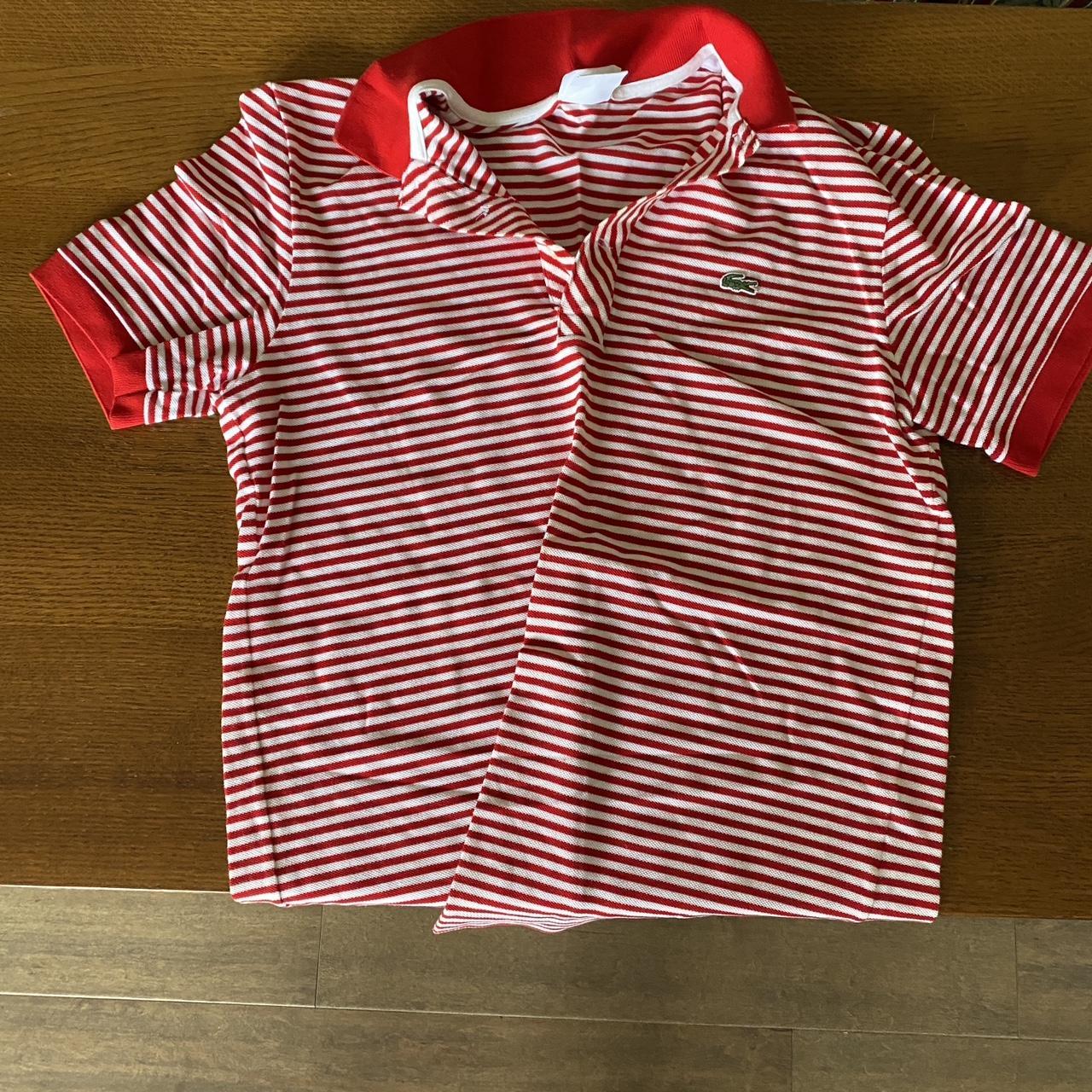 Lacoste striped red and white polo size 3 largeish - Depop