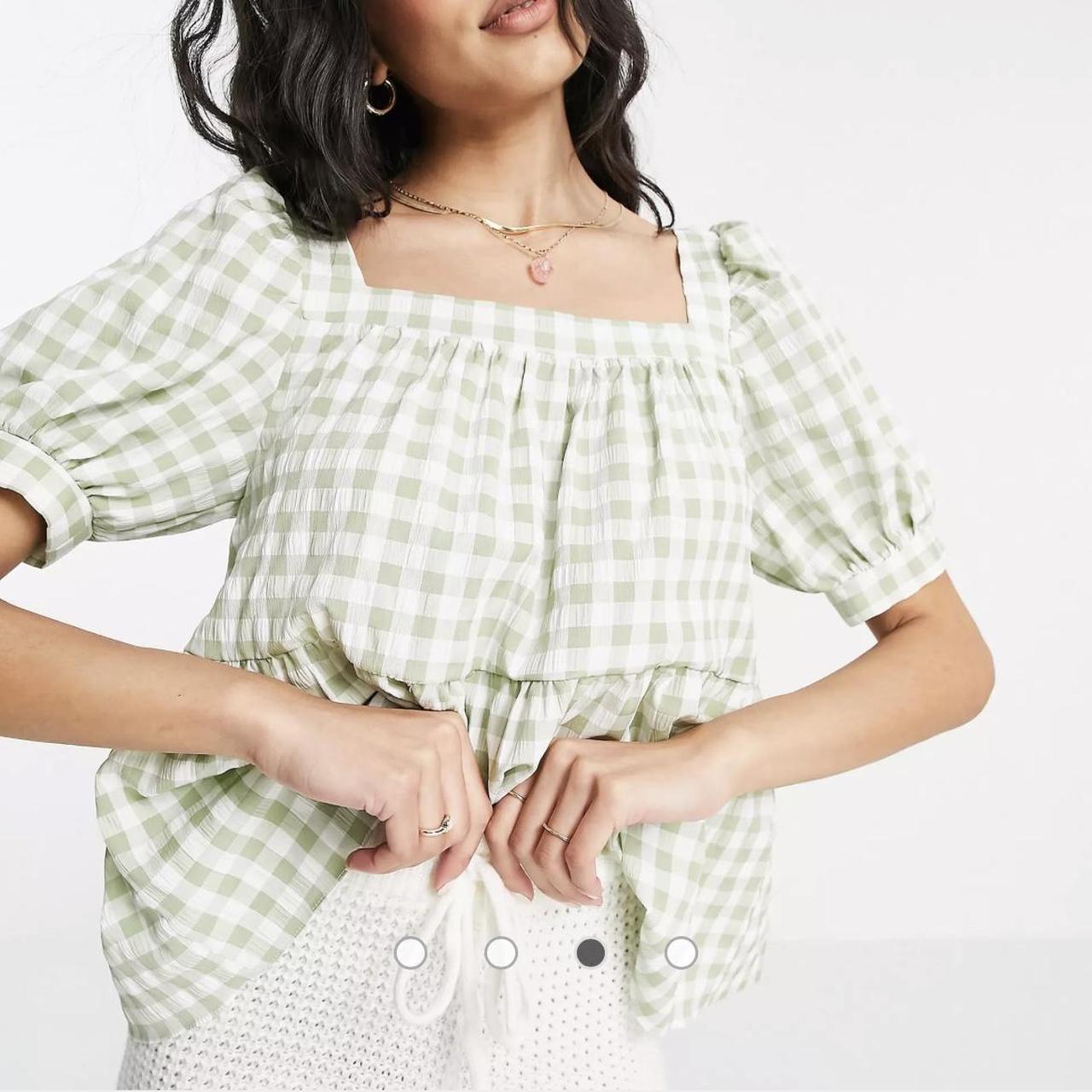 New Look Tiered Blouse in Sage Green Gingham | Worn,... - Depop