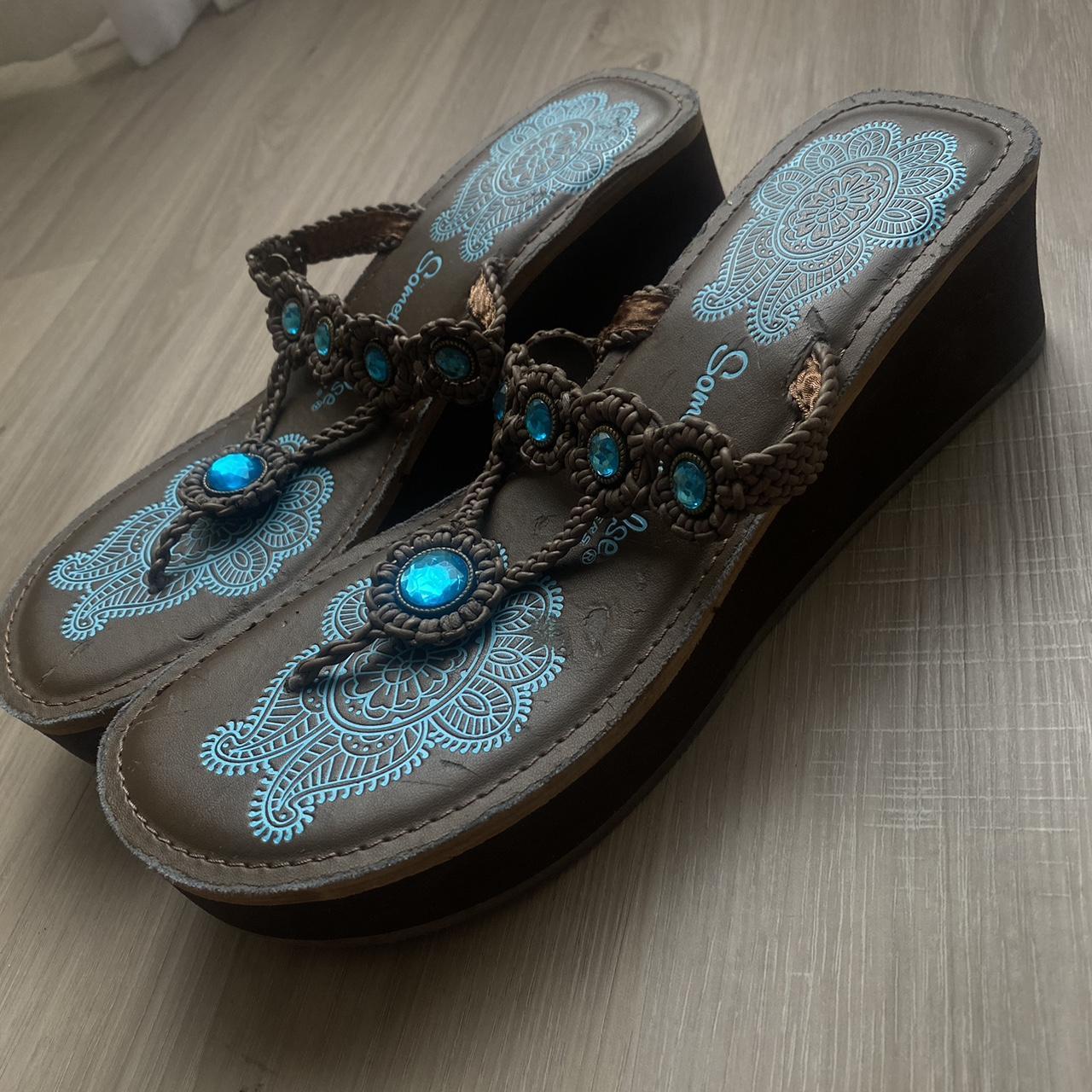 Brown and teal gemmed wedge sandals #sandals Brand... - Depop