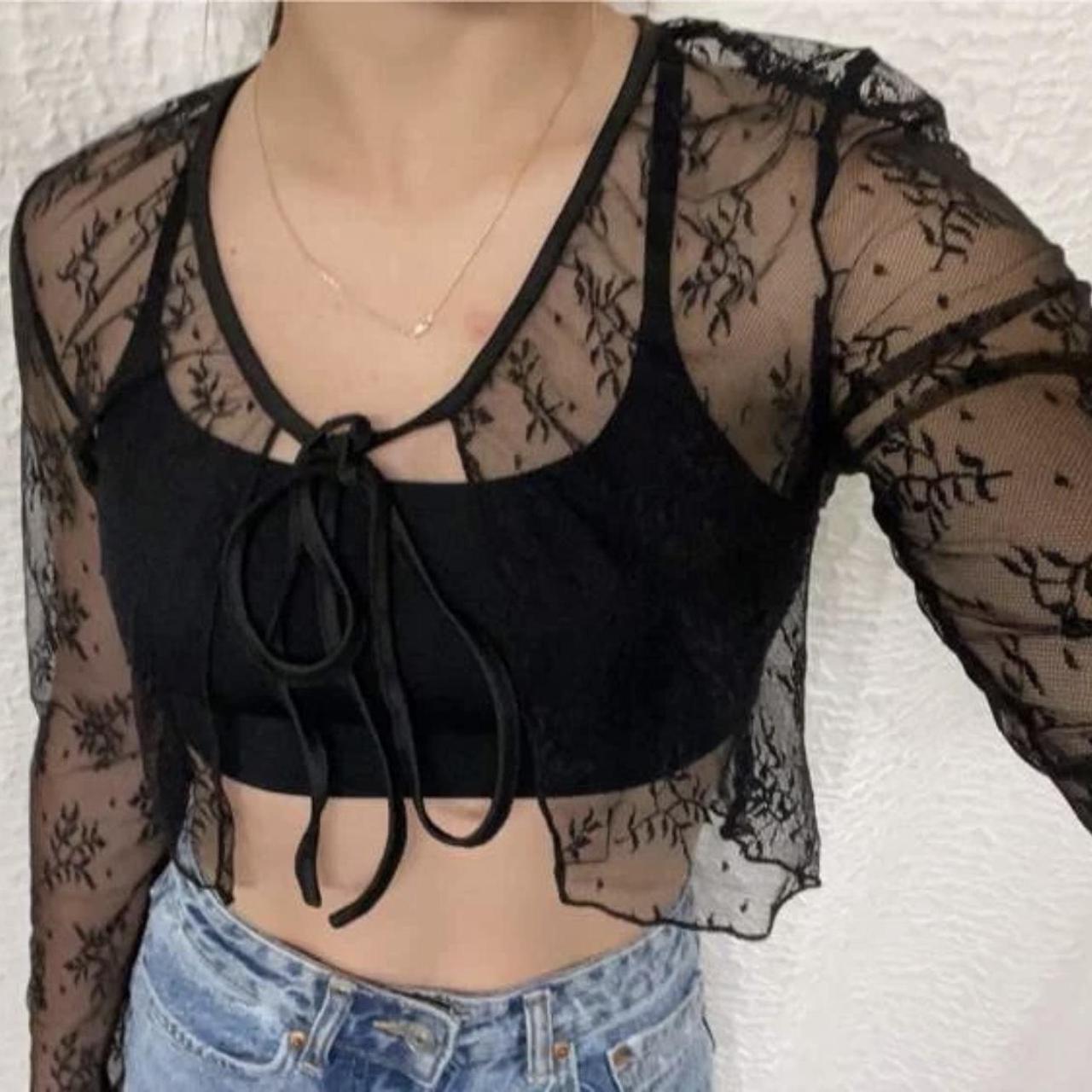 Floral Black Sheer Goth Fairy Vibes Tie up Lace... - Depop