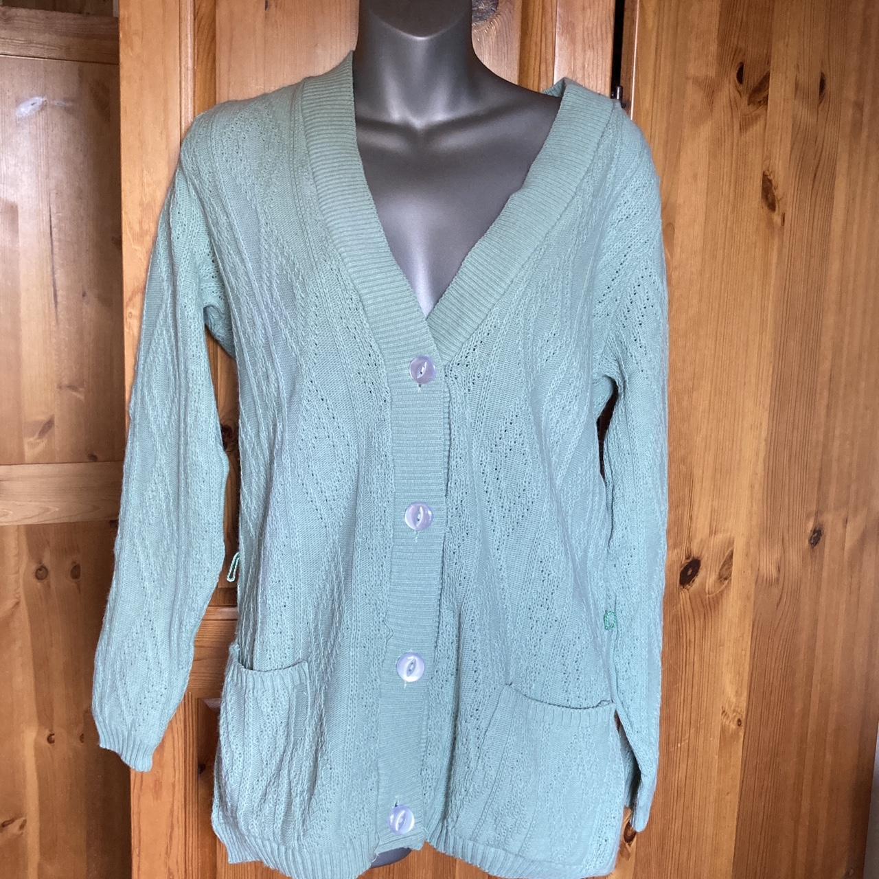 Light Green button up cardigan No size given,... - Depop