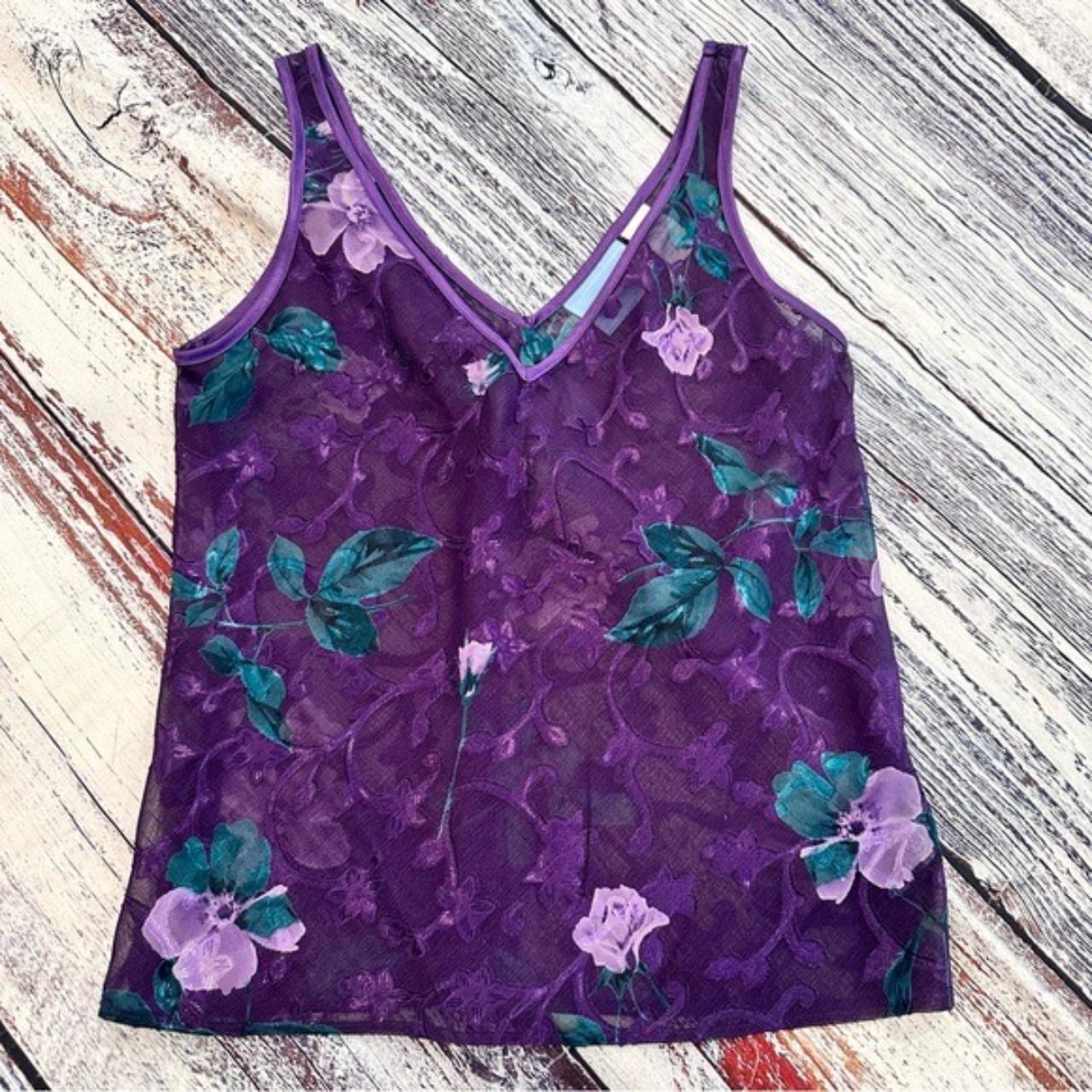 Vintage Sheer Purple Floral Sleeveless Blouse - a... - Depop