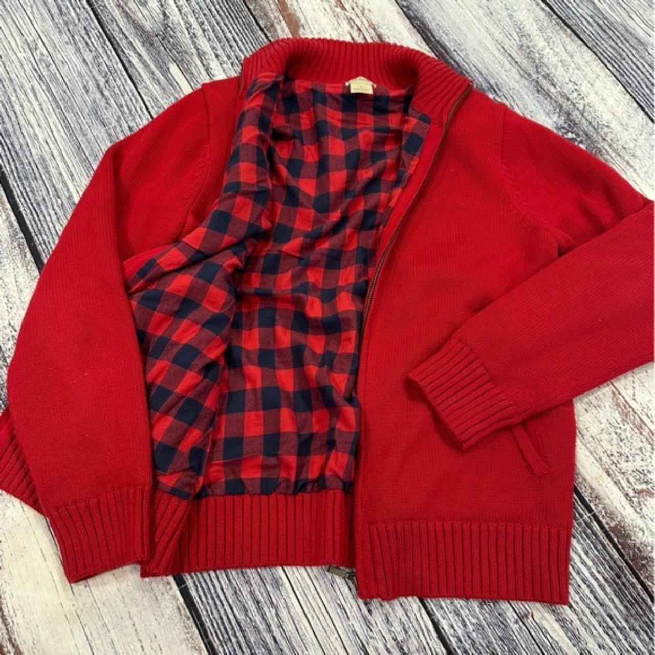 L.L. Bean 100% Cotton Plaid Lined Zip Up Red Knit... - Depop