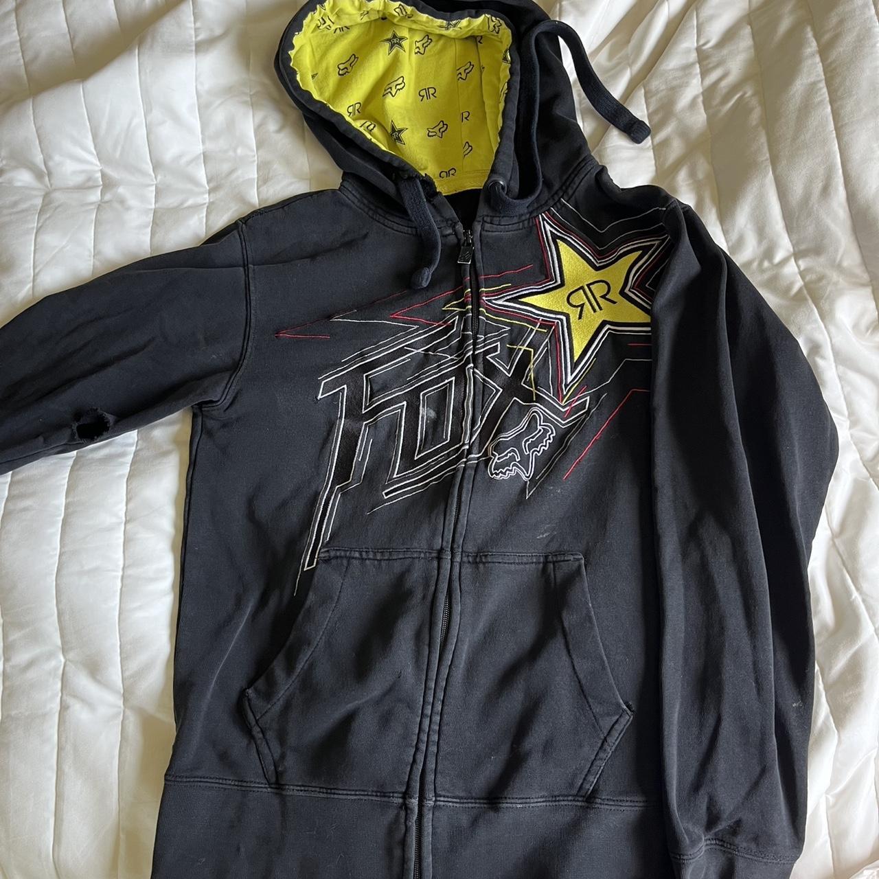 Black Fox Racing zip-up hoodie with yellow accents... | Depop
