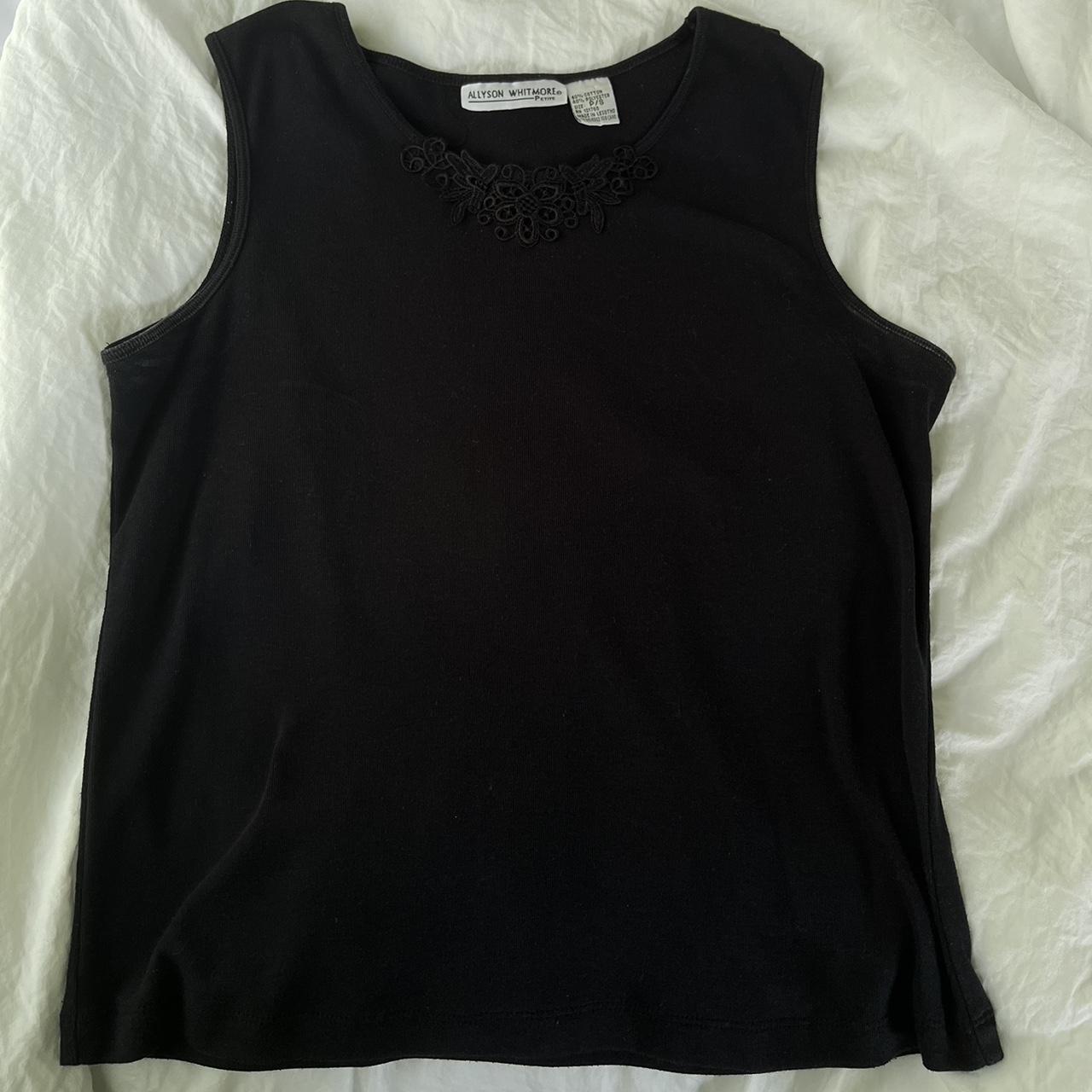 Simple black tank with floral embroidery along the... - Depop