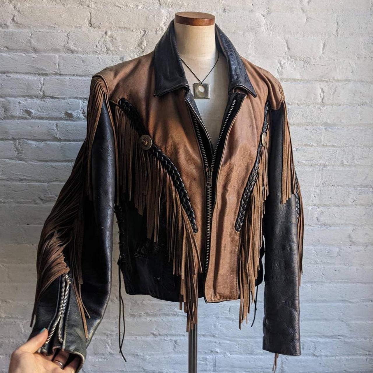 Vintage Two Tone Southwest Leather Fringe Biker... - Depop