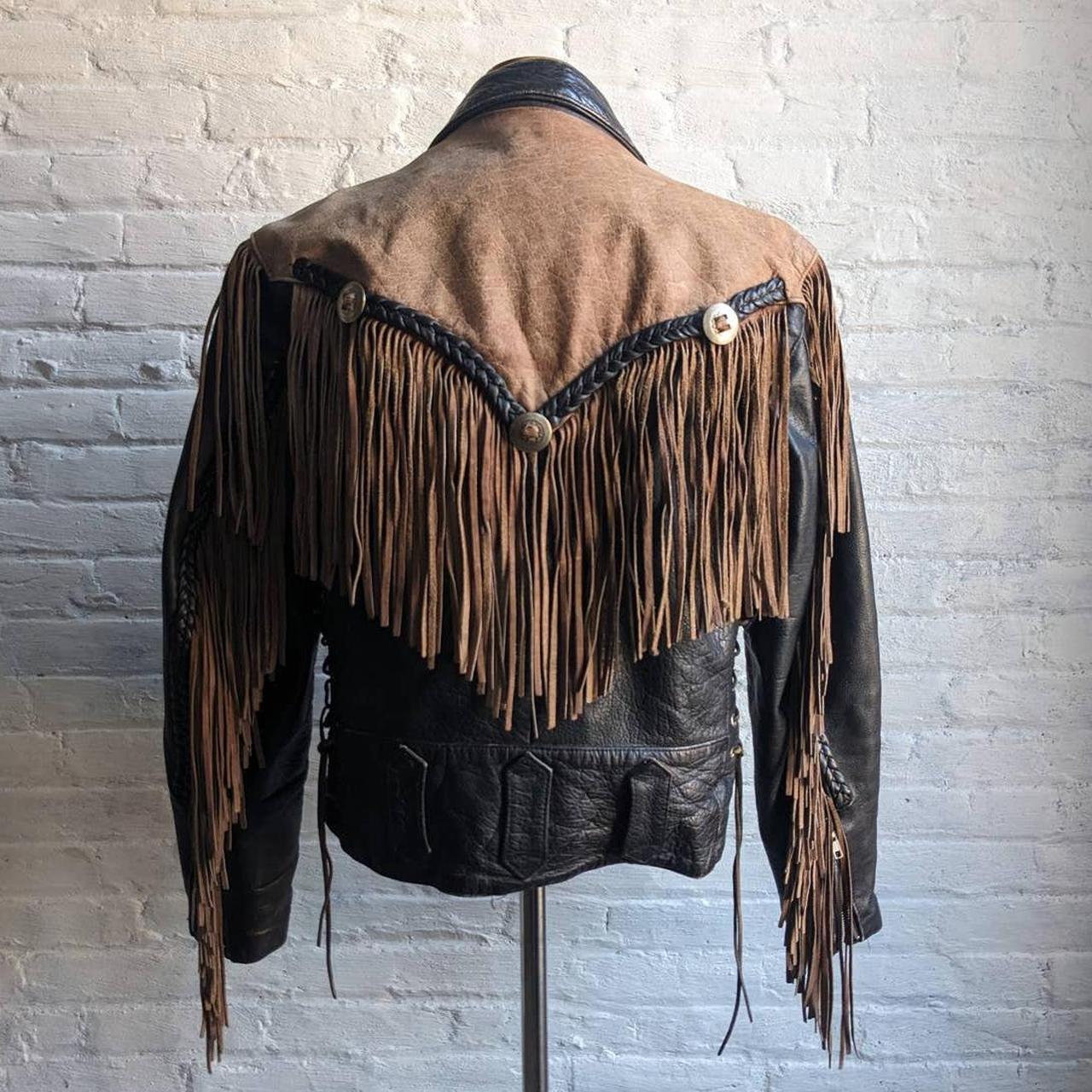 Vintage Two Tone Southwest Leather Fringe Biker... - Depop