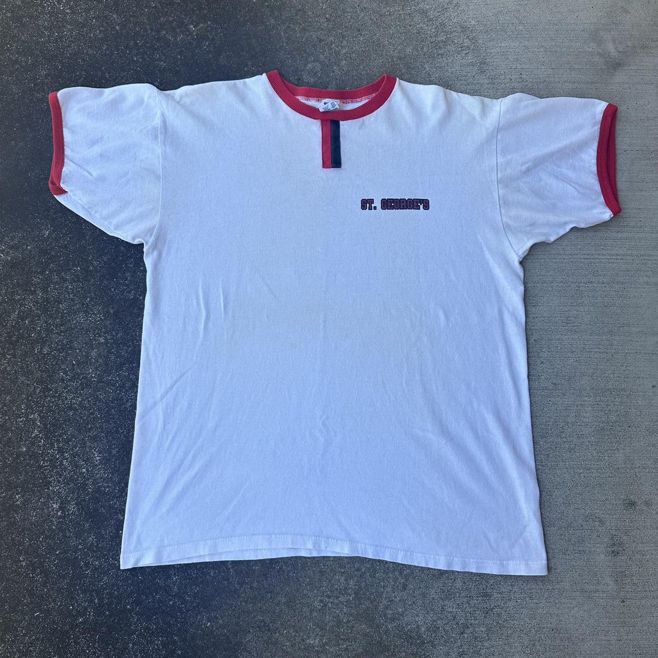 1980s champion white and red ringer t-shirt - super... | Depop