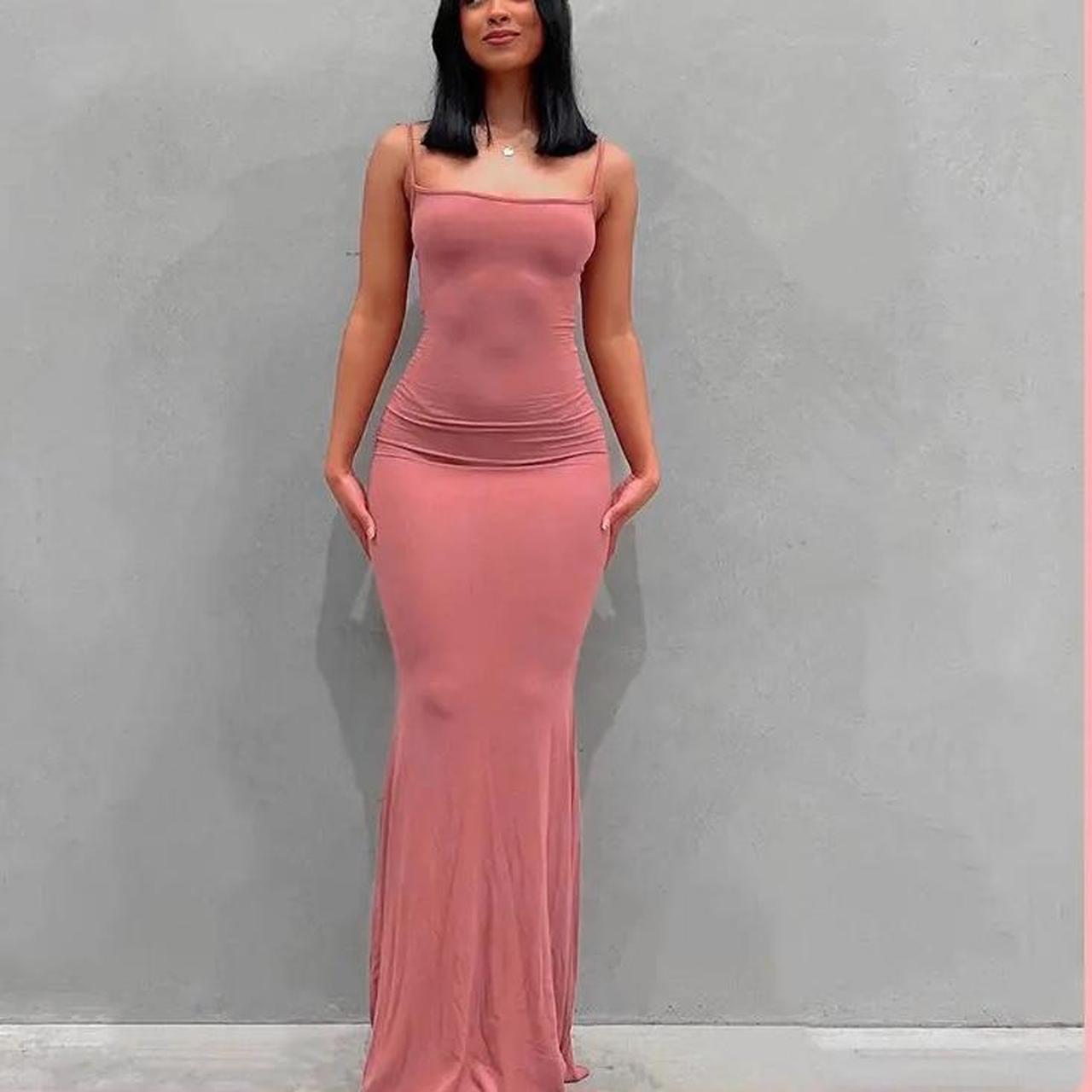 pink bodycon, backless maxi dress brand new with... - Depop