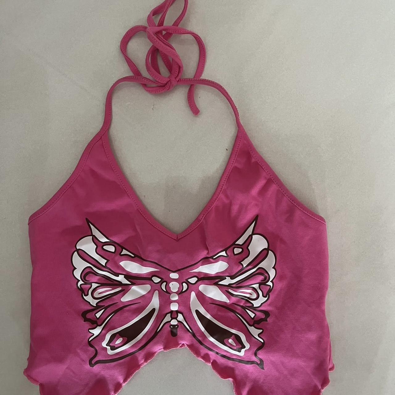 Pink Butterfly Crop Top Size M/L, would fit... - Depop