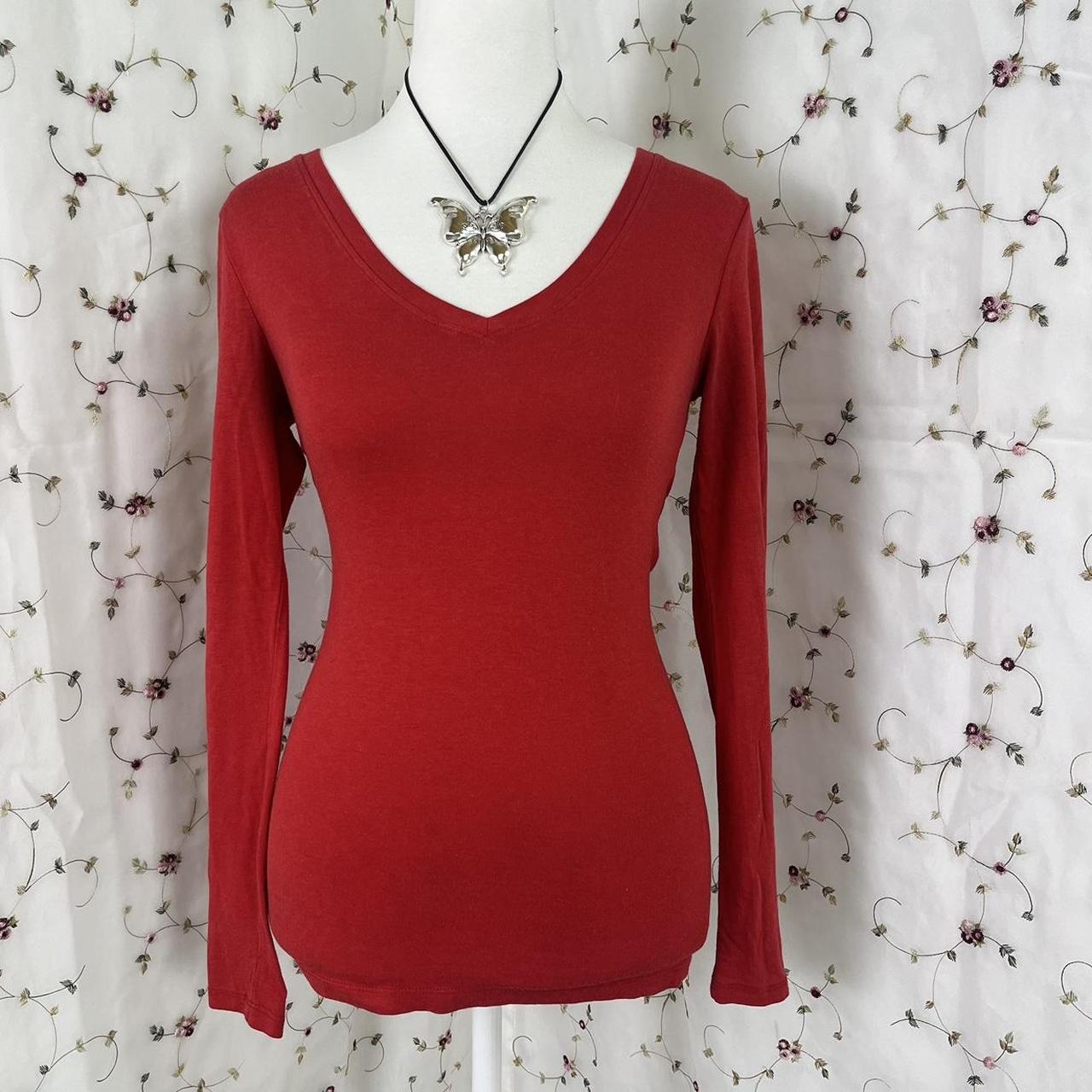 y2k red v neck long sleeve fitted top 🎀 -free... - Depop