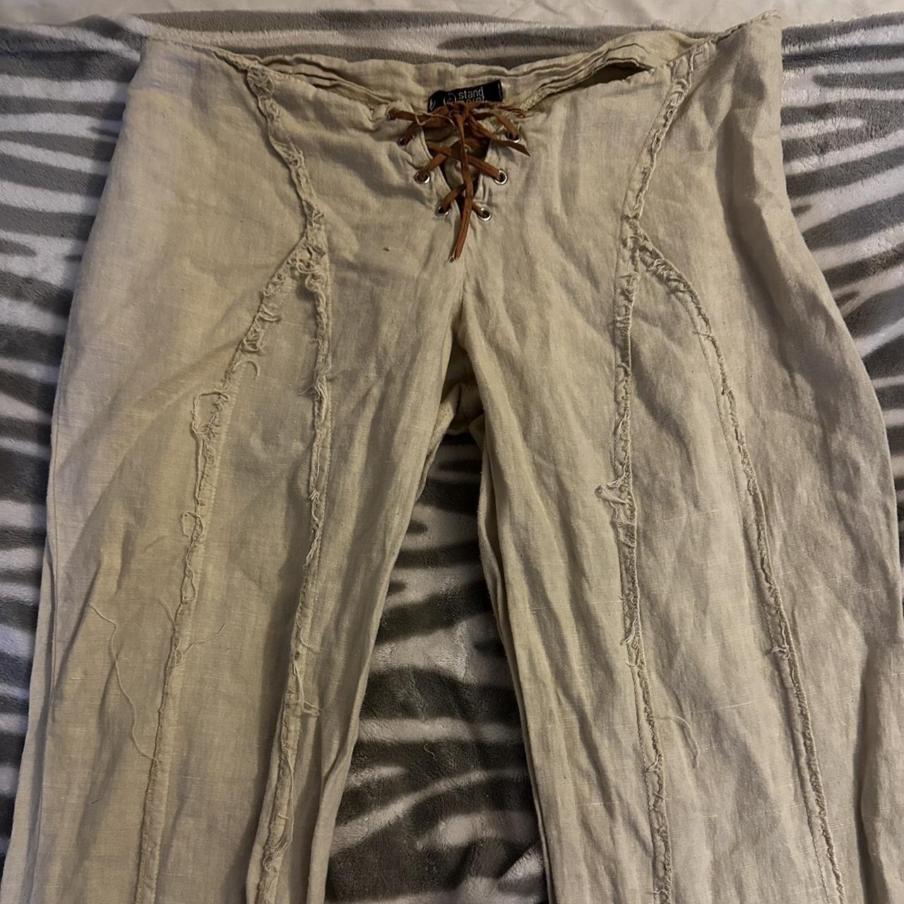 unique tan pants with cross tie size s-m but i think... - Depop