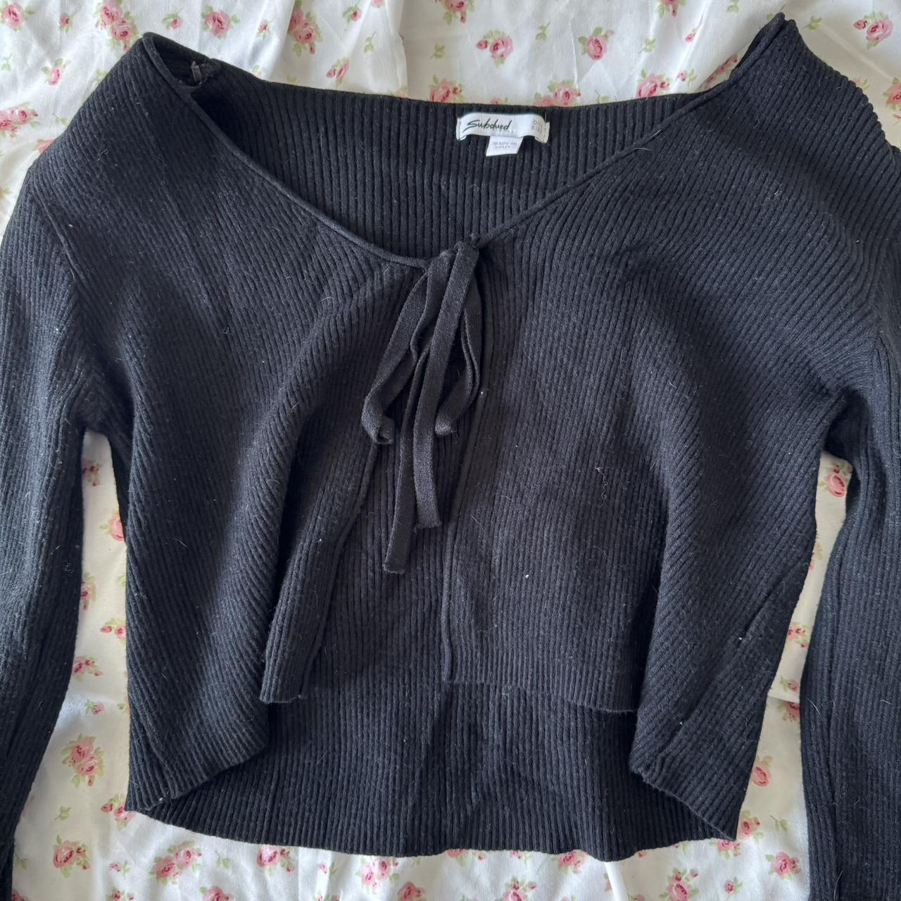 subdued black sweater/cardigan with tie size S - Depop