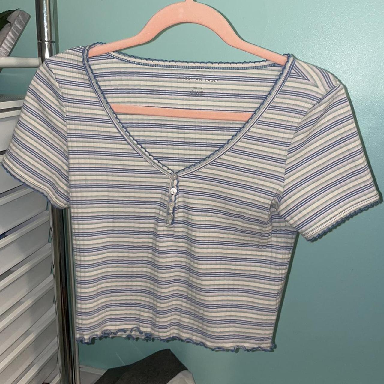 American eagle striped button up lettuce trim... - Depop