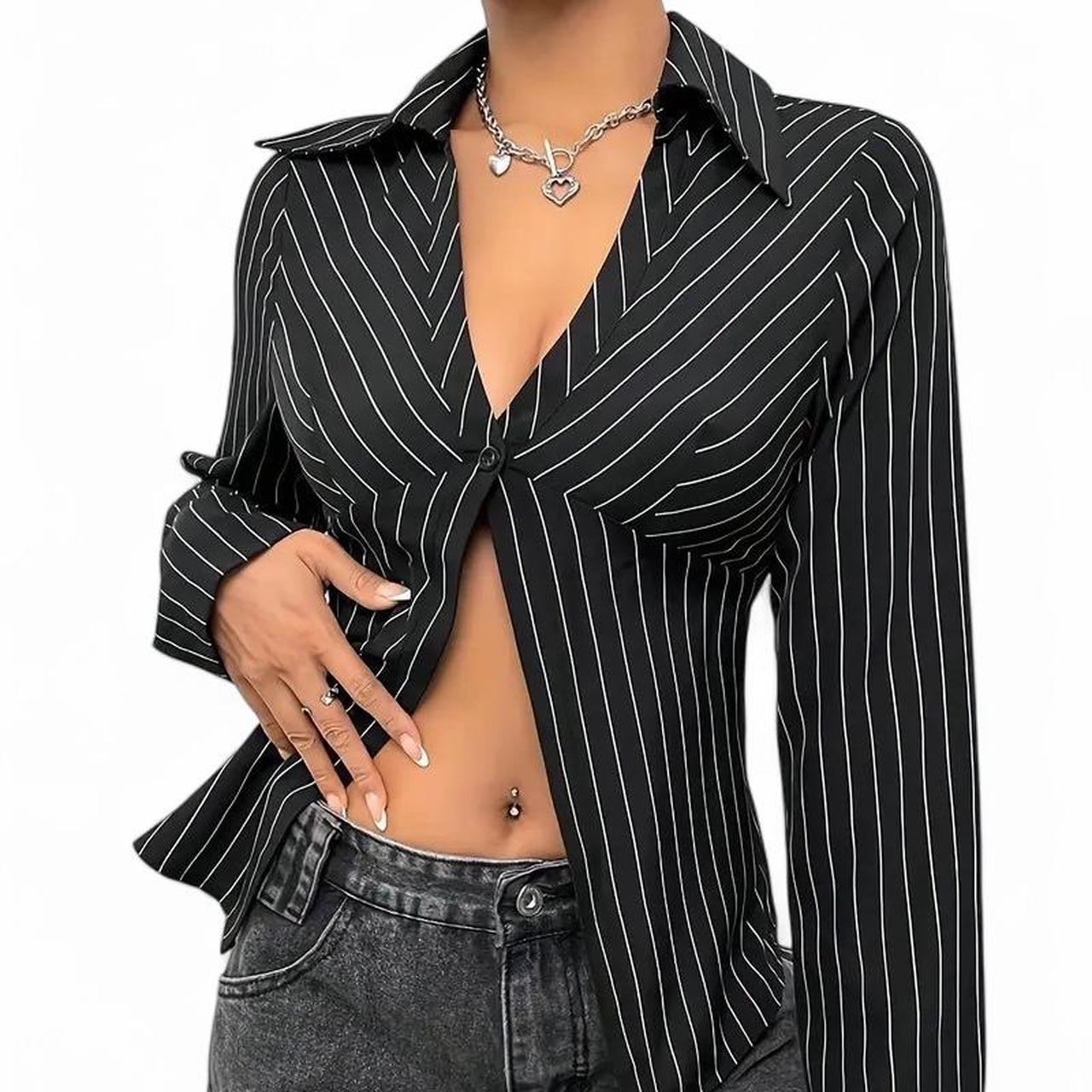 Office siren black and white pinstripe button-up... | Depop